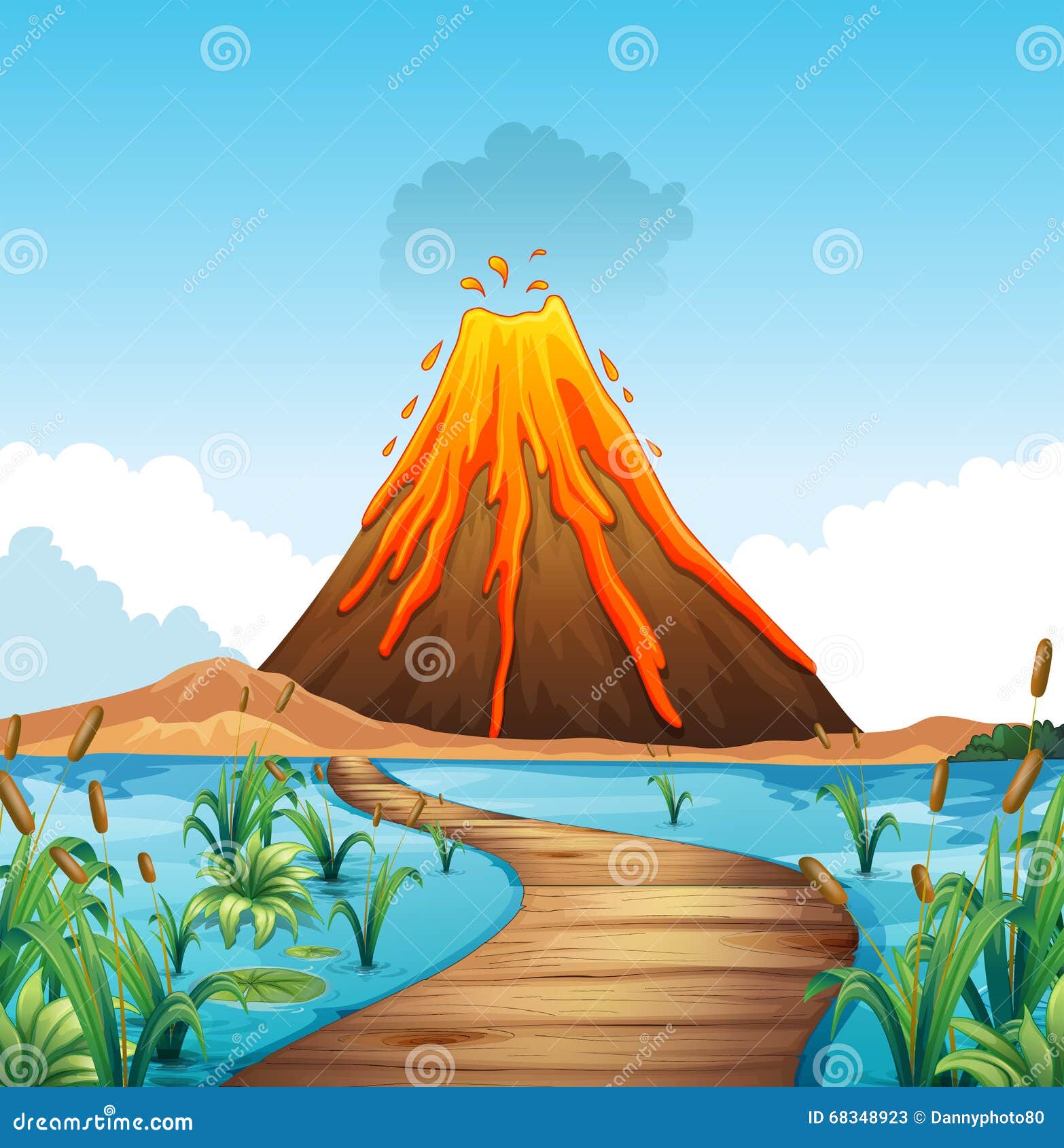 Nature Scene with Volcano Eruption by the Lake Stock Vector ...