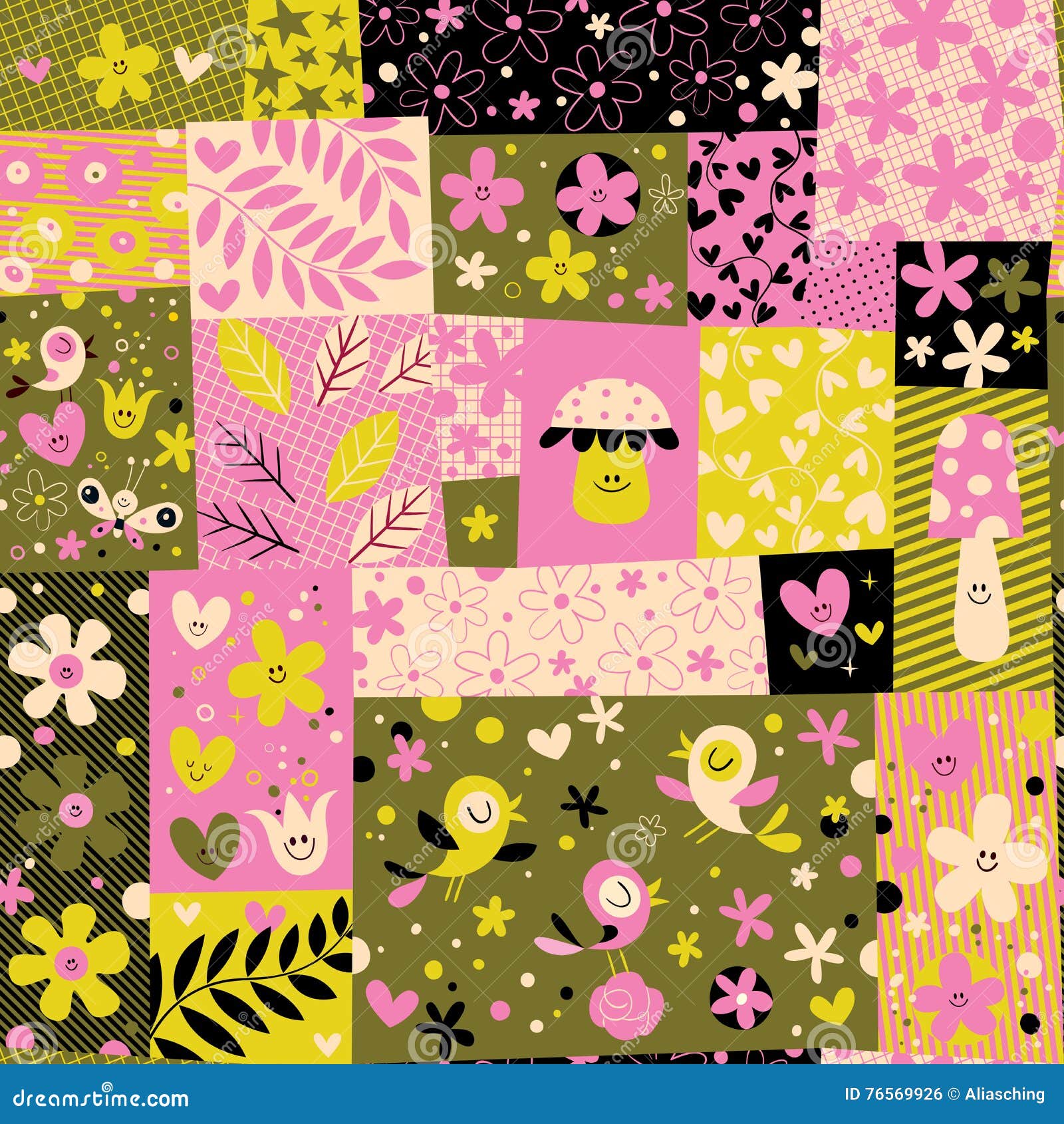 Nature Seamless Pattern with Cute Birds Flowers Mushrooms Stock Vector ...