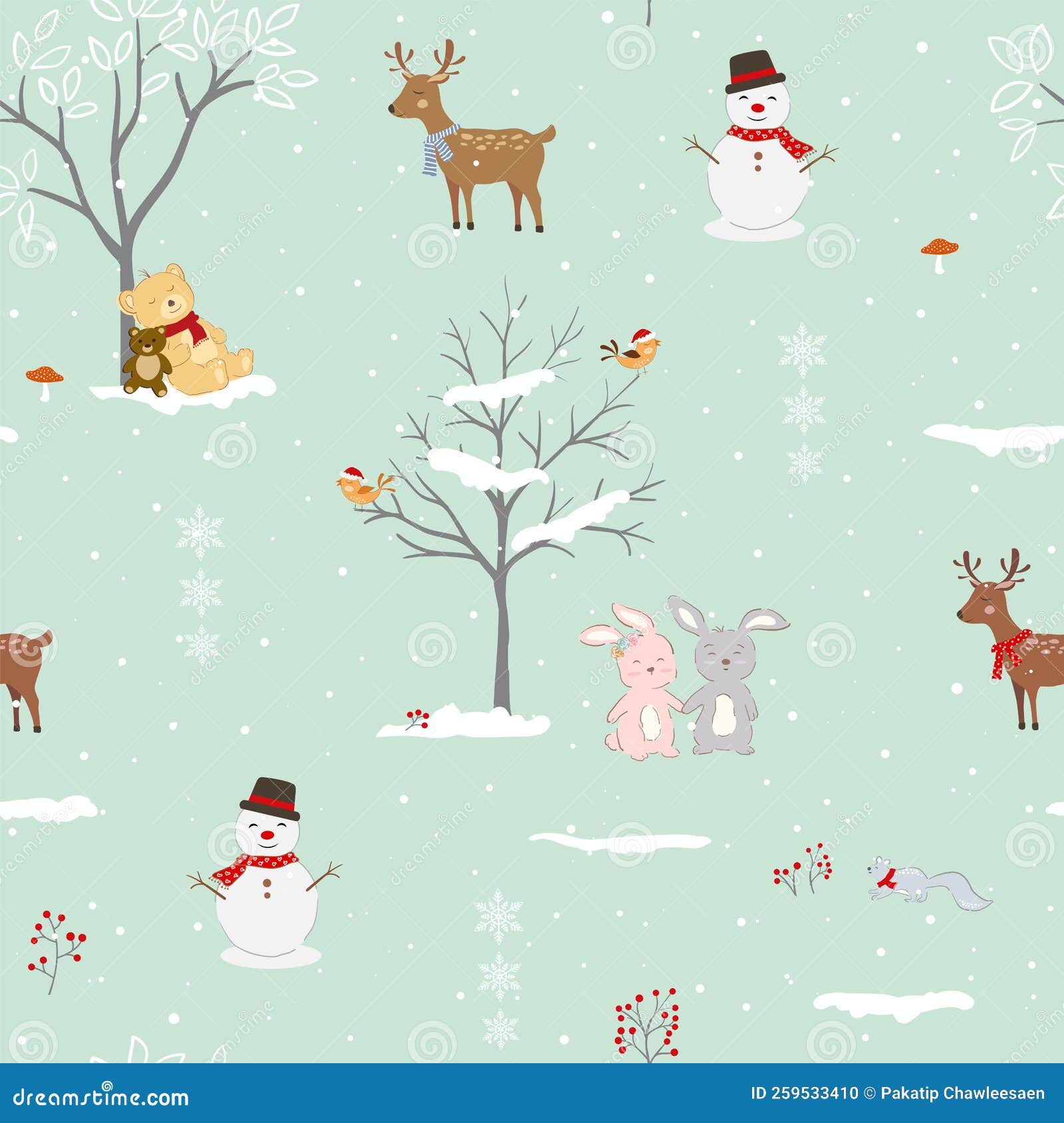 Nature Seamless Pattern with Cute Cartoon Animals Happy on Winter Stock ...