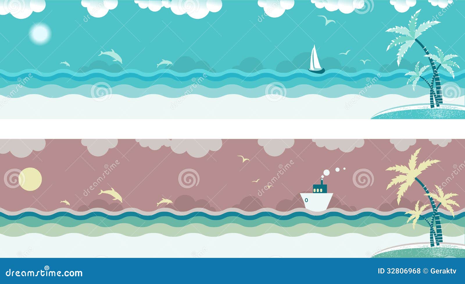 Nature Seascape Banners with Sea Waves and Palms Stock Vector ...