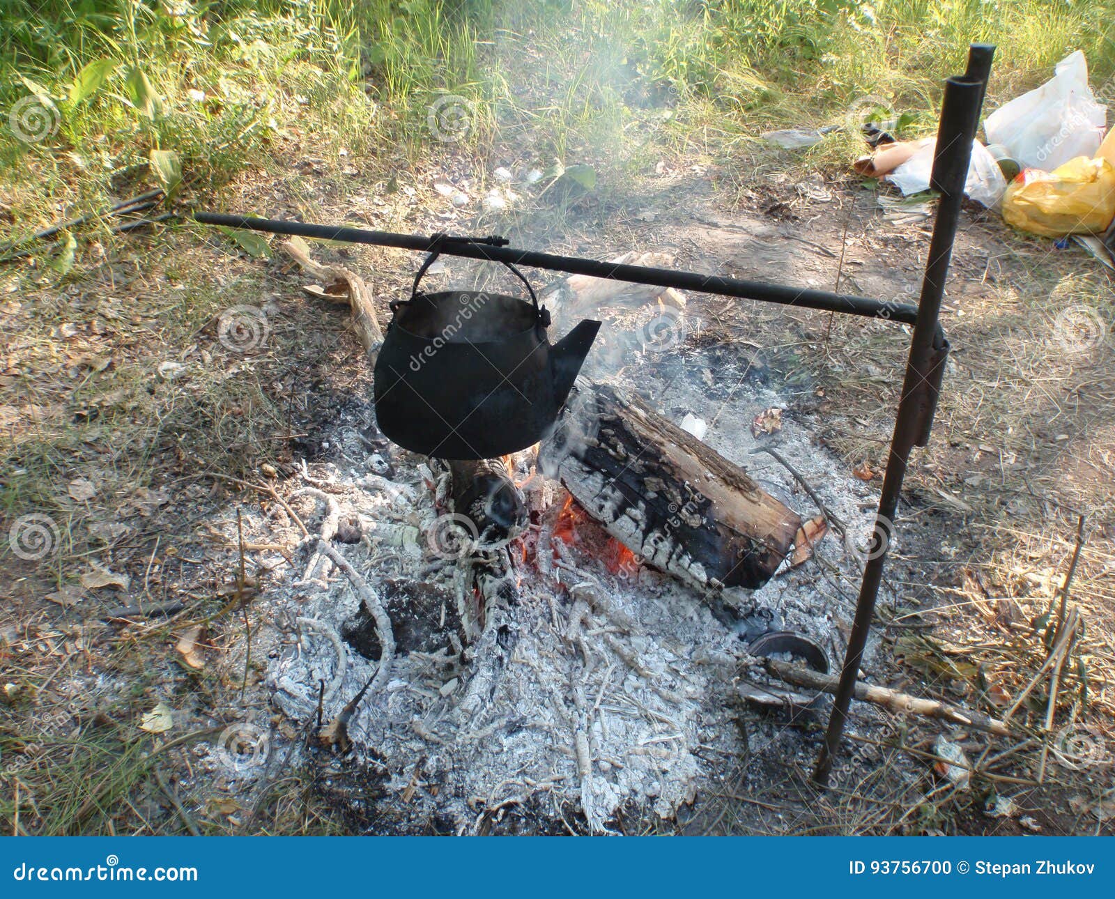 In Nature, Tea is Boiling on an Open Fire Stock Photo - Image of black ...