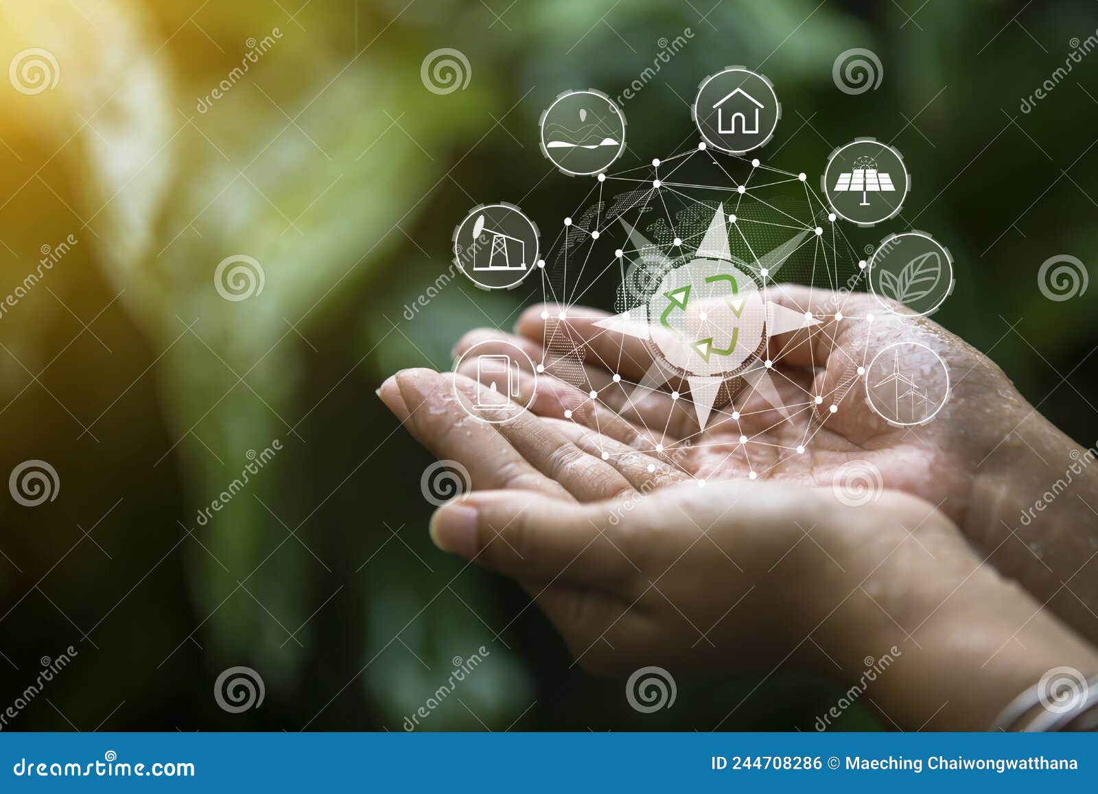 Technology, Hand Holding with Environment Icons Over the Network Connection on Green Background ...