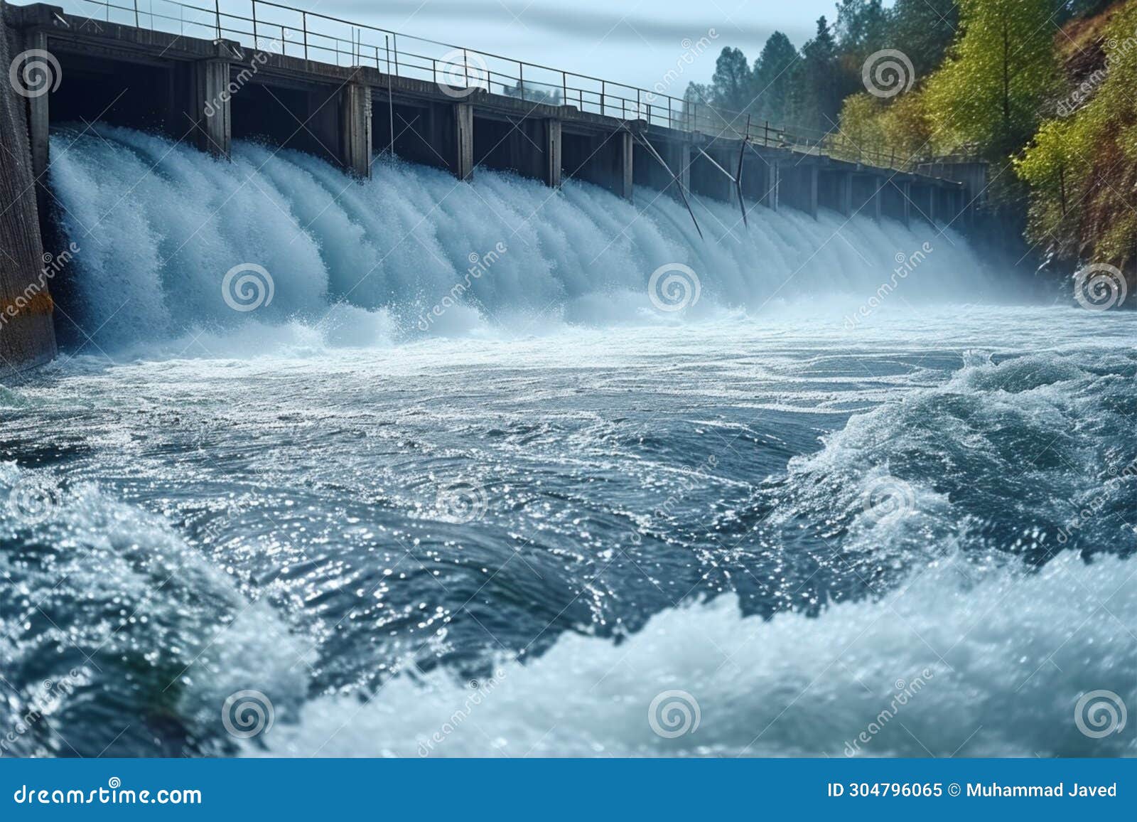 Nature and Technology River Construction with Spillway, Concrete ...