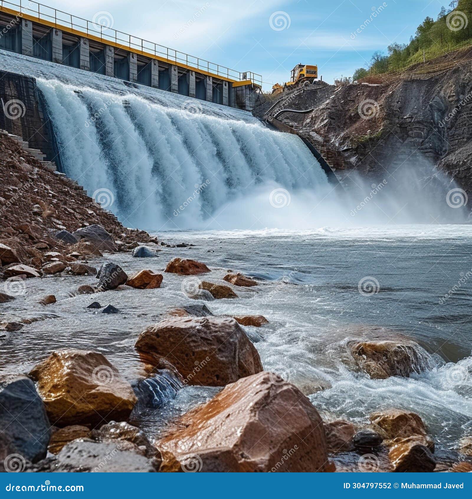 Nature and Technology River Construction with Spillway, Concrete ...