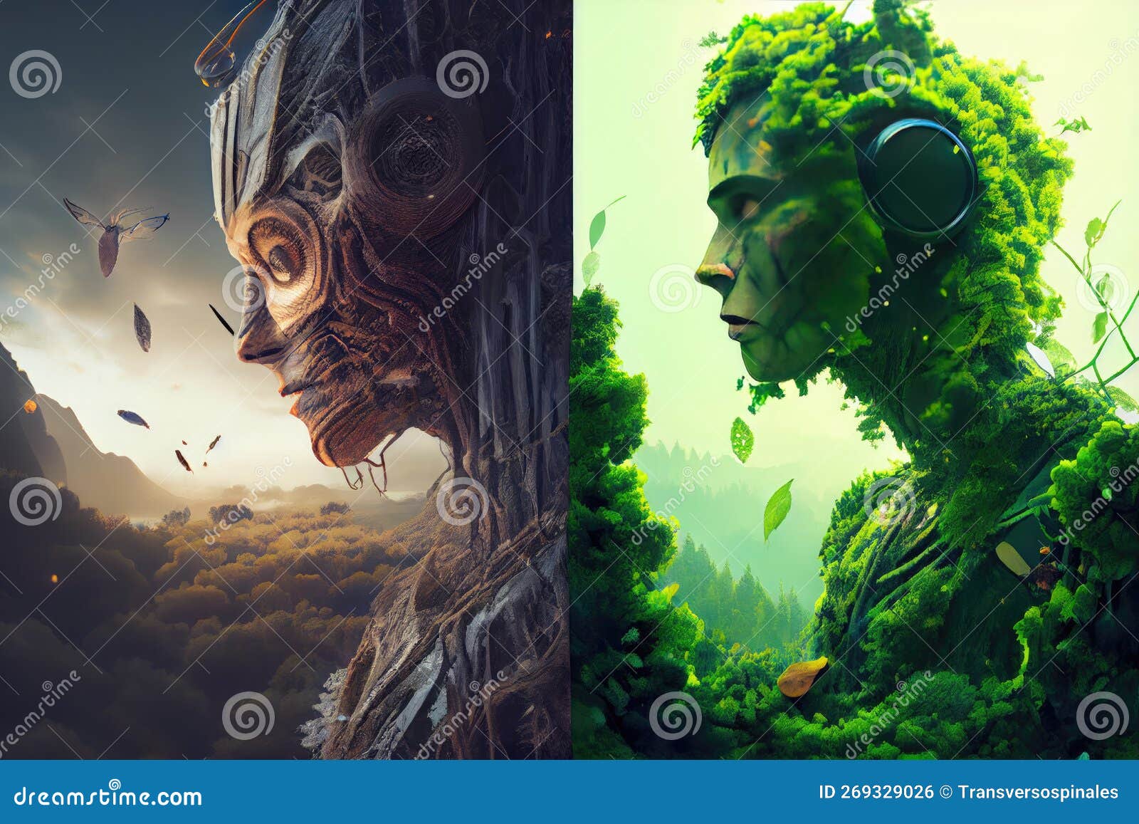 Nature and Technology, Two Faces. Conflict Concept Generative Ai Stock ...
