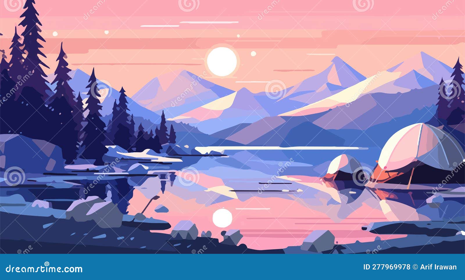 Nature Tree and Mountain Landscape with a Dawn Stock Illustration ...