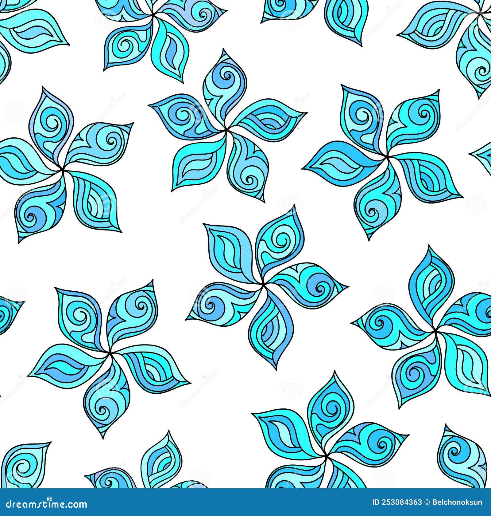 Nature Vector Seamless Pattern with Beautiful Blue Handwritten Flowers ...