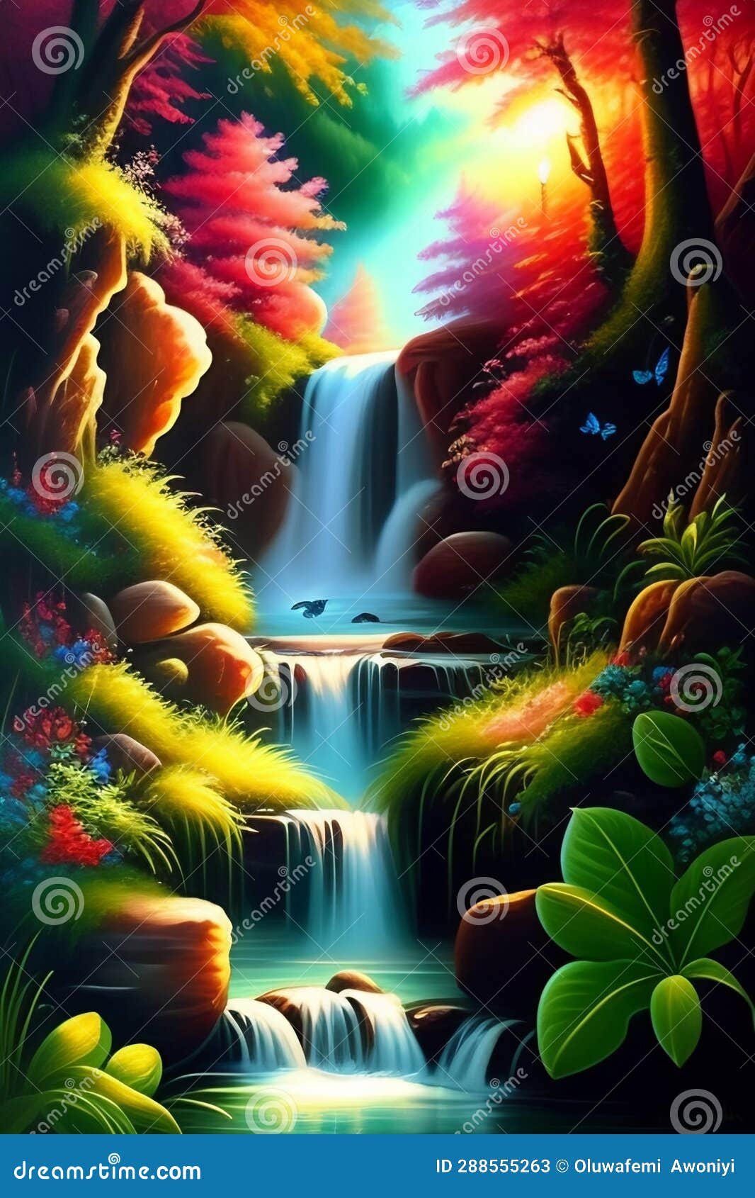 Nature of Waterfall Falling from High Cliff Stock Illustration ...
