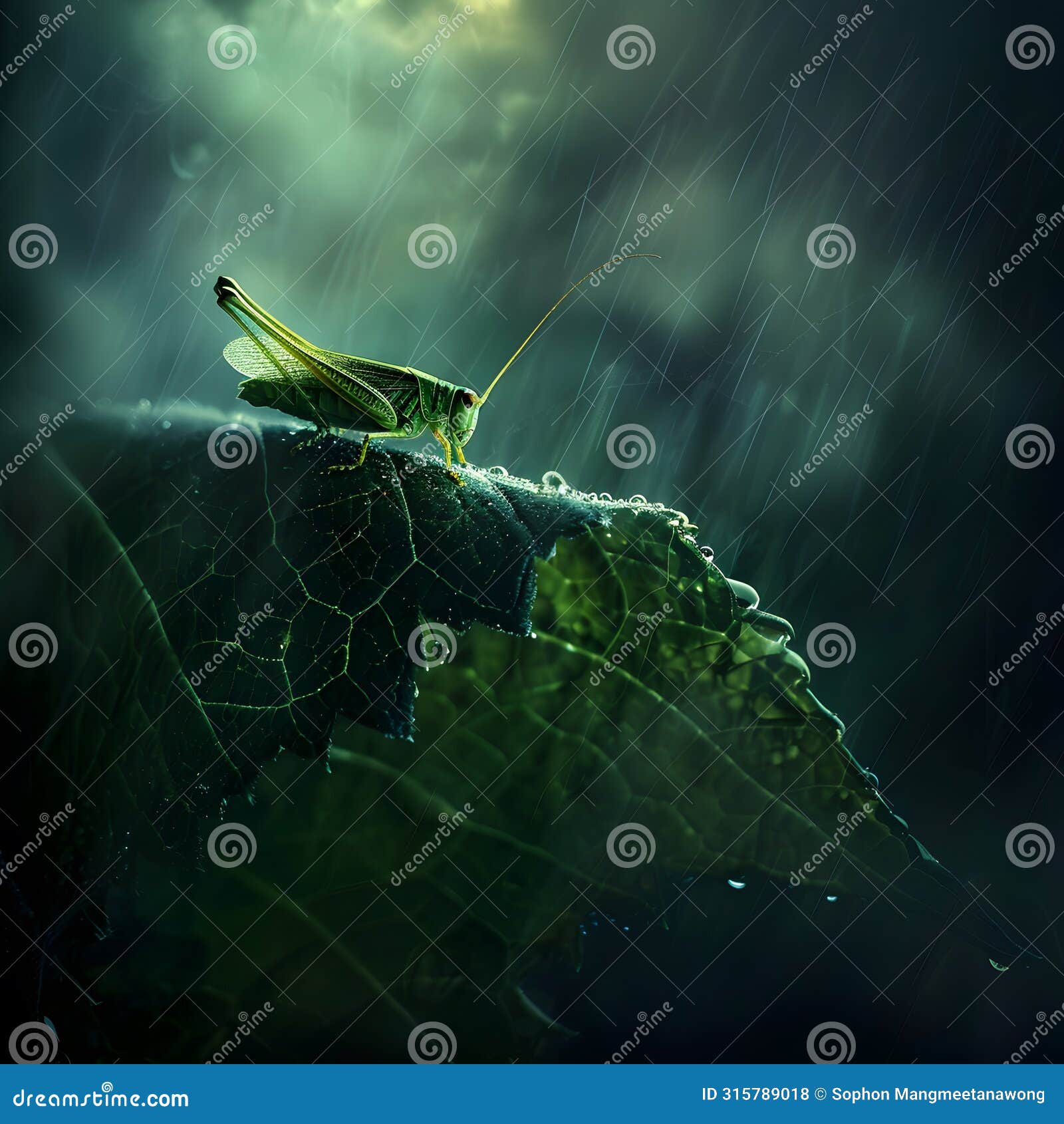 Nature Wildlife, Grasshopper Under the Falling Rain Stock Illustration ...