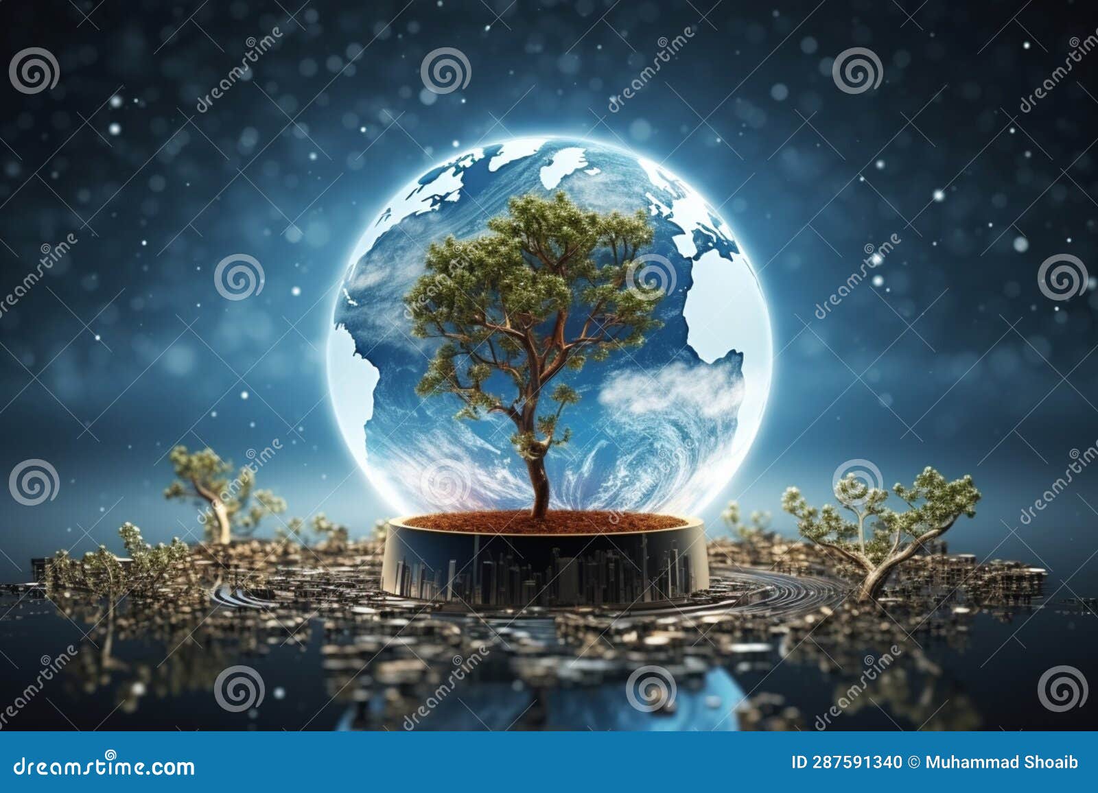 Natures Alliance Tree on Earth, Abstract Blue Backdrop Blending ...