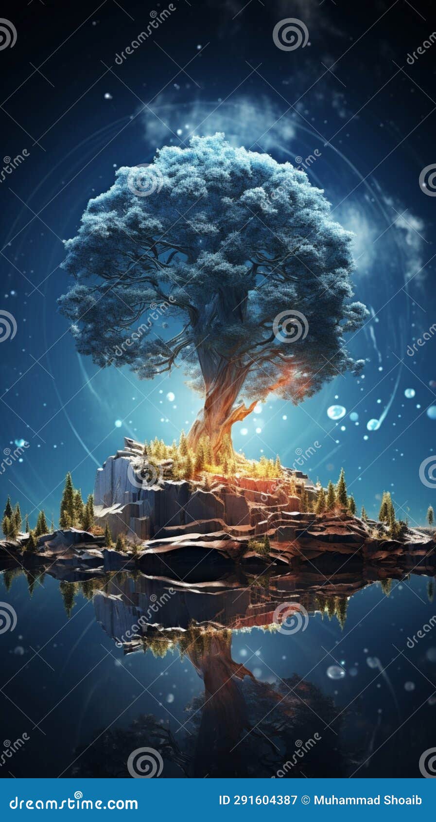 Natures Alliance Tree on Earth, Abstract Blue Backdrop Blending ...