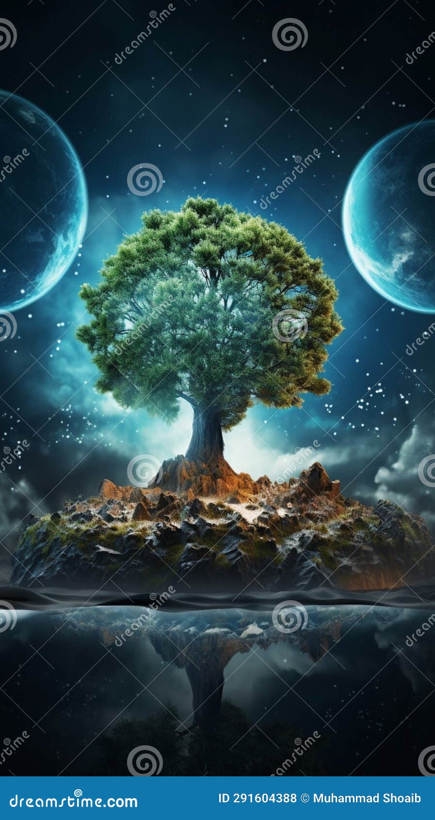 Natures Alliance Tree on Earth, Abstract Blue Backdrop Blending ...