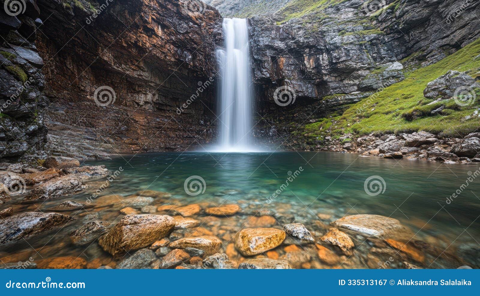 Natures Power, a Mighty Waterfall Flows Down Rocks into a Pool ...