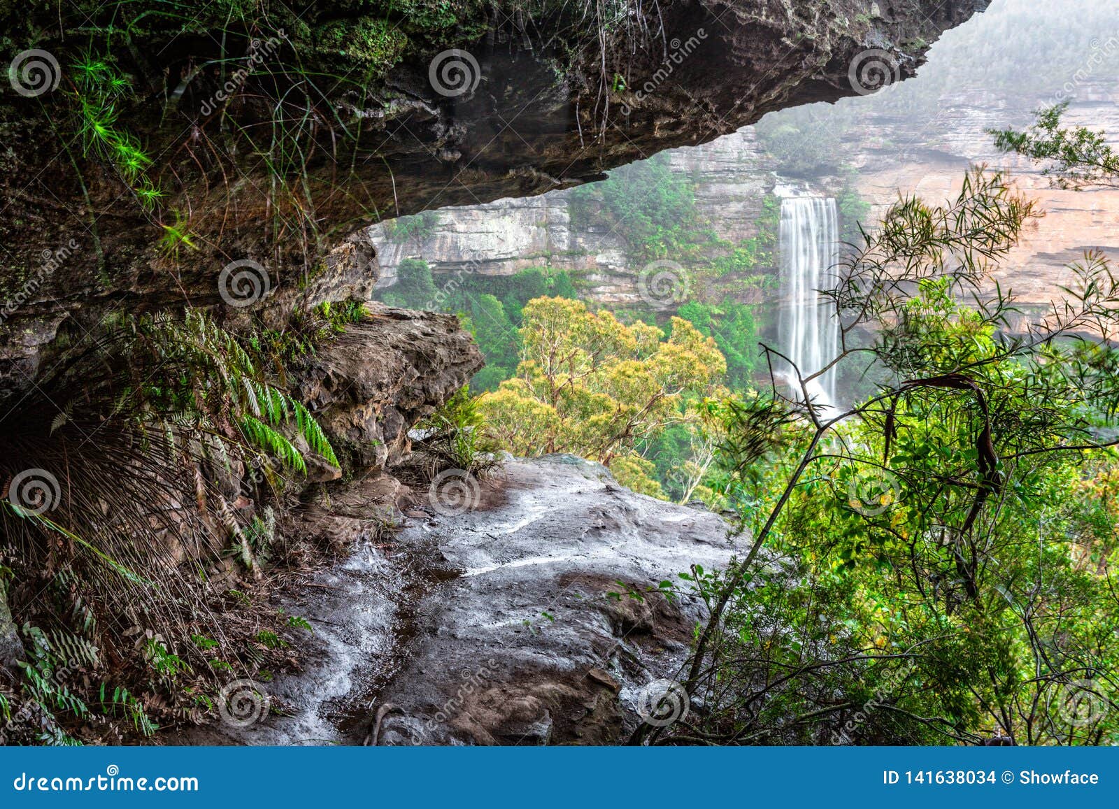 Natures Window To a Waterfall Viewed through the Cliff Ledge Stock ...