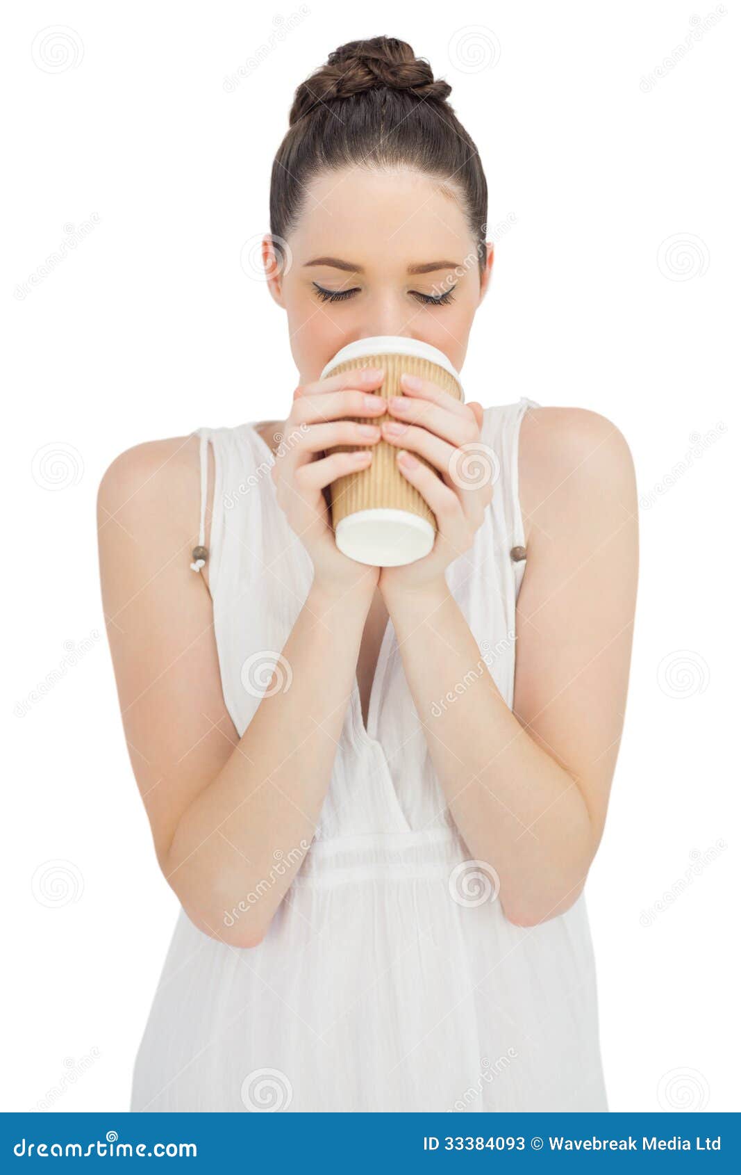 Natuurlijk Model in Witte Kleding Het Drinken Koffie Stock Afbeelding ...