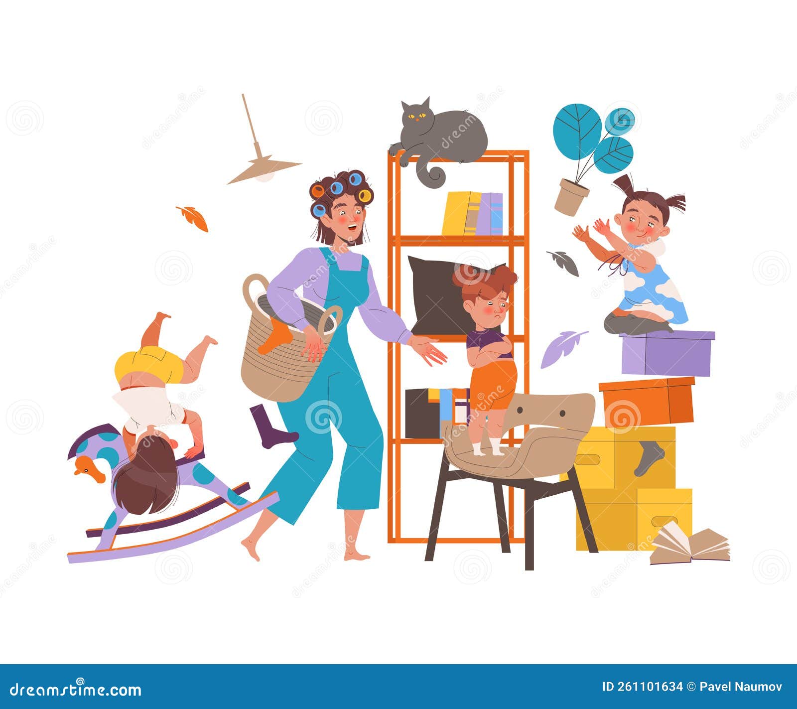 Naughty Hyperactive Children Characters Making Mess and Mother ...