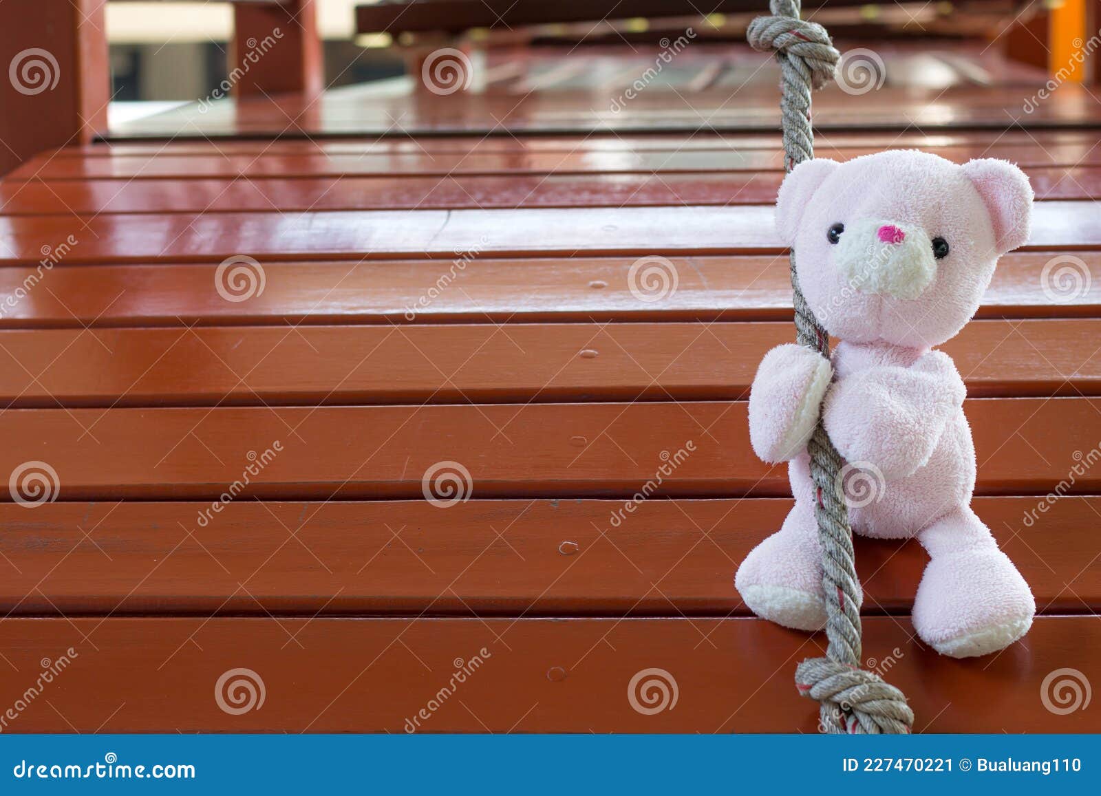 The Naughty Teddy Bear is Hanging on a Rope, Everywhere is Happy. Stock ...