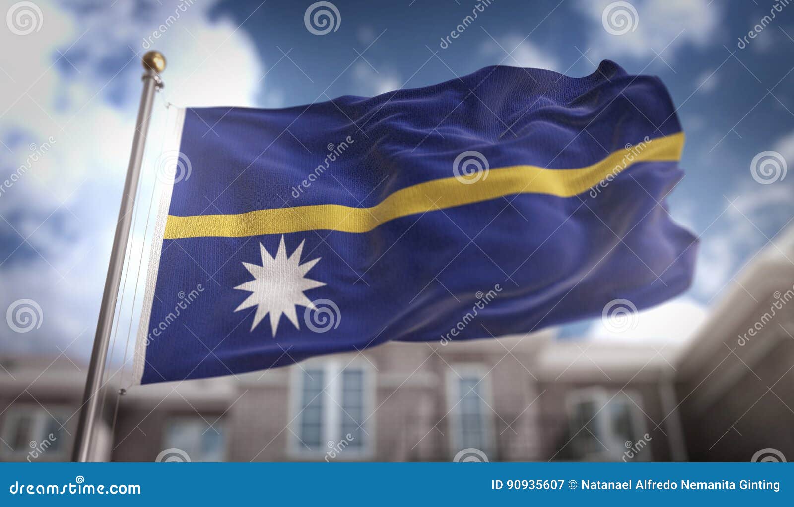 Nauru Flag 3D Rendering on Blue Sky Building Background Stock Image ...