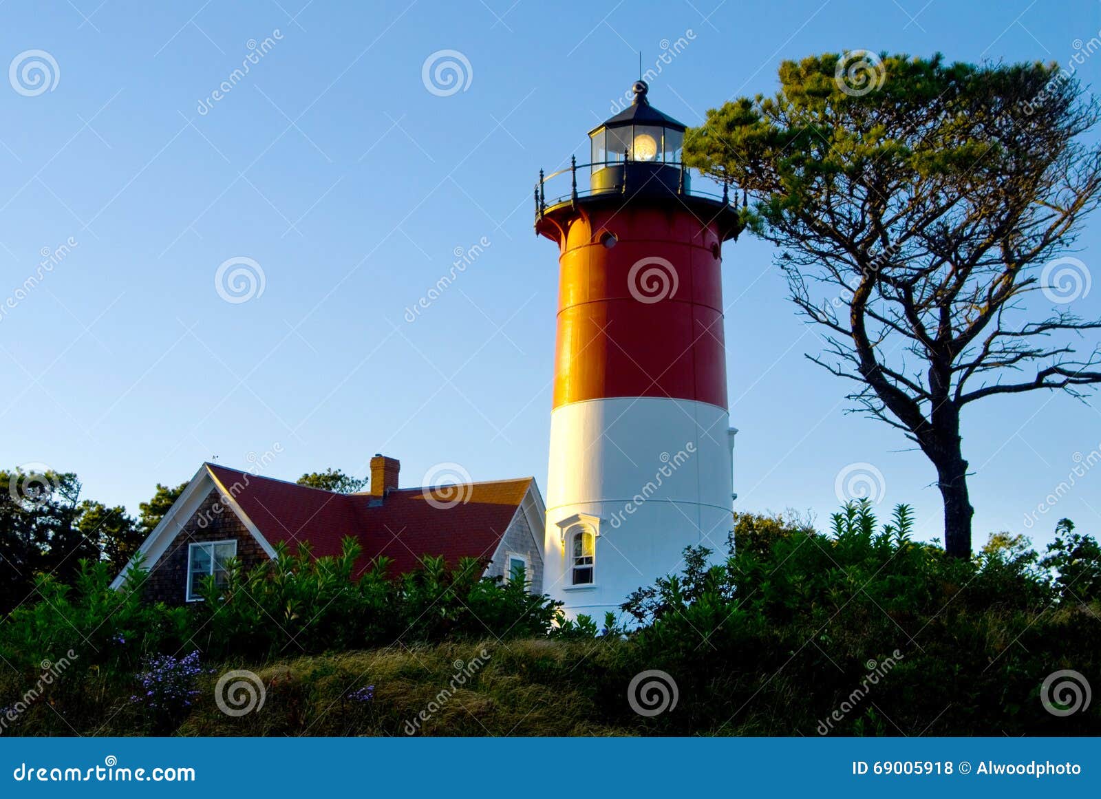 Nauset Lighthouse Lantern Shines Brightly at Dusk. Stock Photo - Image ...