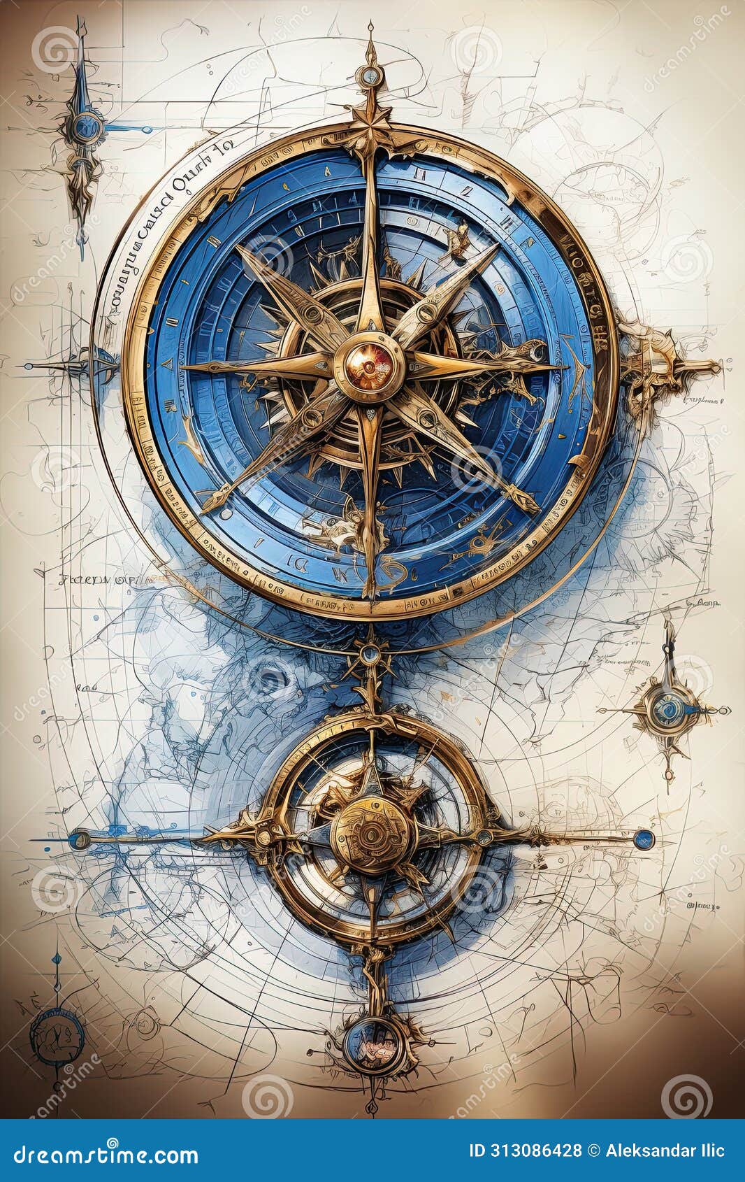 Nautcal Compass Blueprint, Sketch , Technical Drawing. Exploration and ...