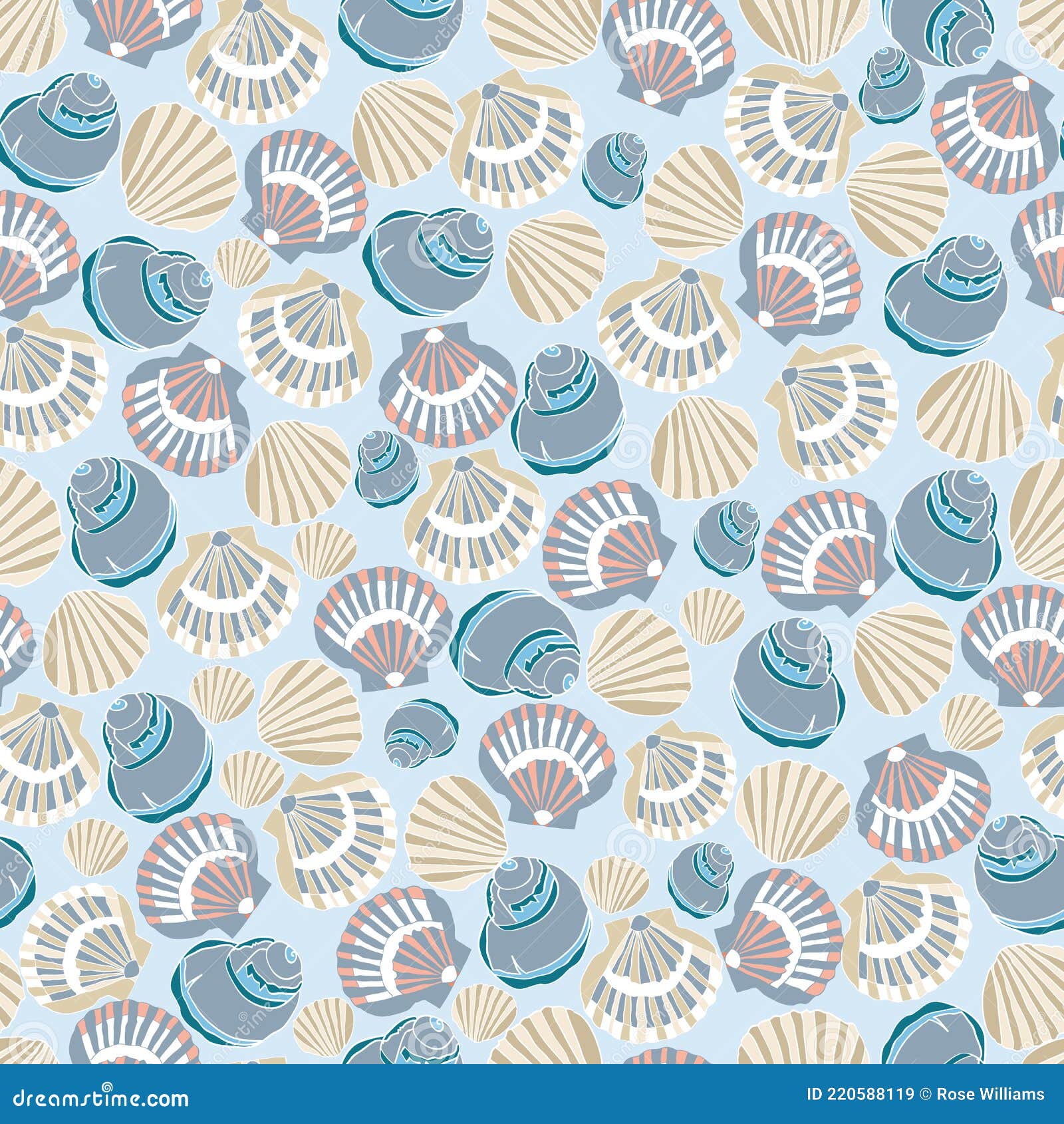 Nautical Beach Seamless Pattern Theme with Multi Seashells on Sky Blue ...