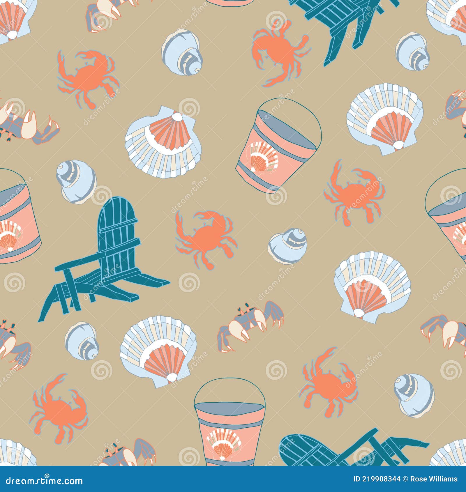 Nautical Beach Seamless Pattern Theme with Seashells, Beach Chairs ...