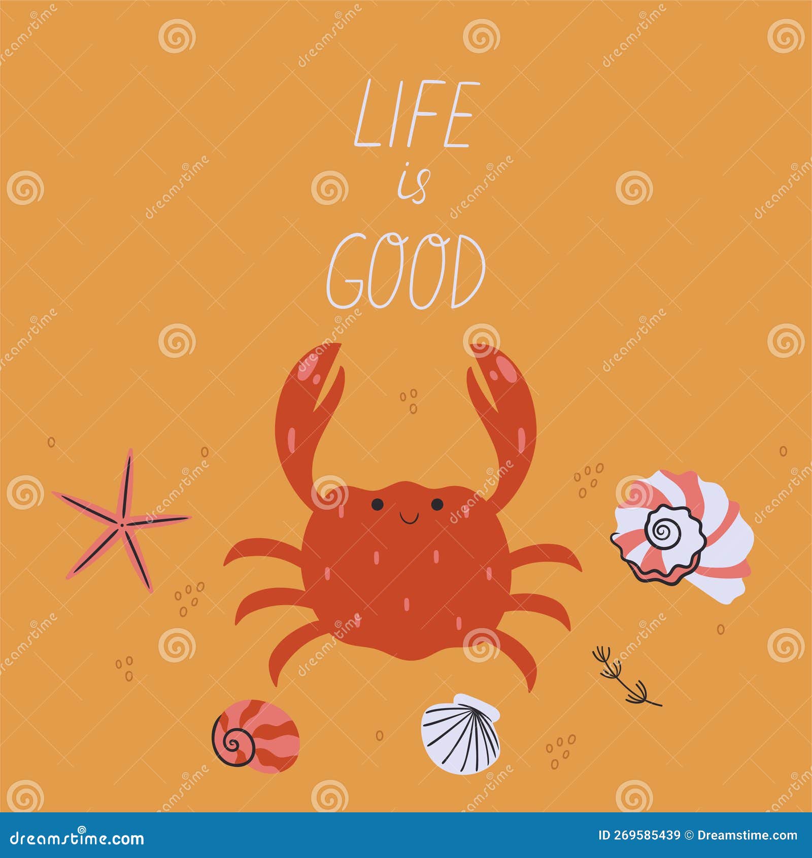 Nautical Card with Cute Crab and Shells. Vector Graphics Stock Vector ...