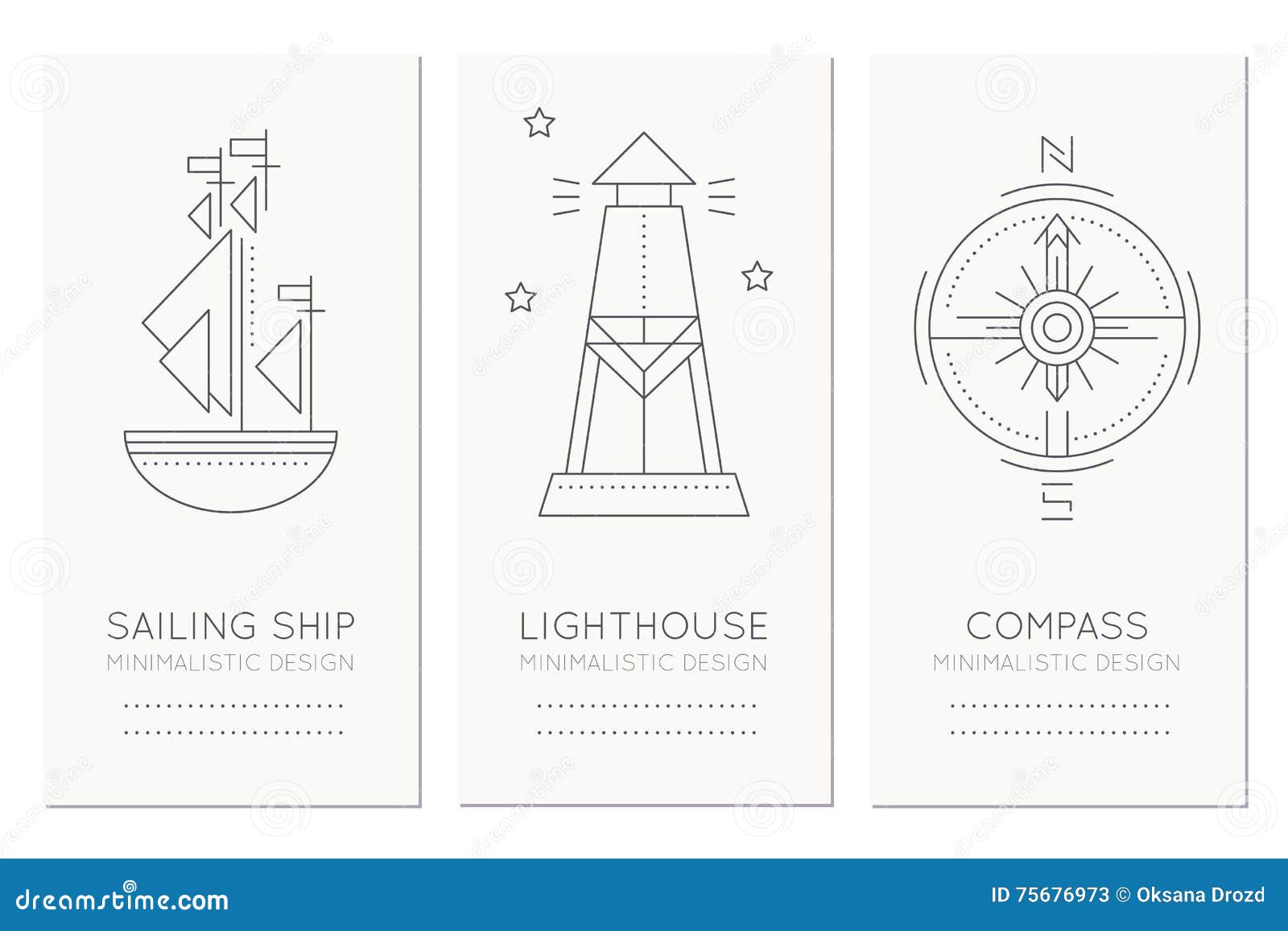 Nautical Card Design Template with Thin Line Style Illustrations of ...