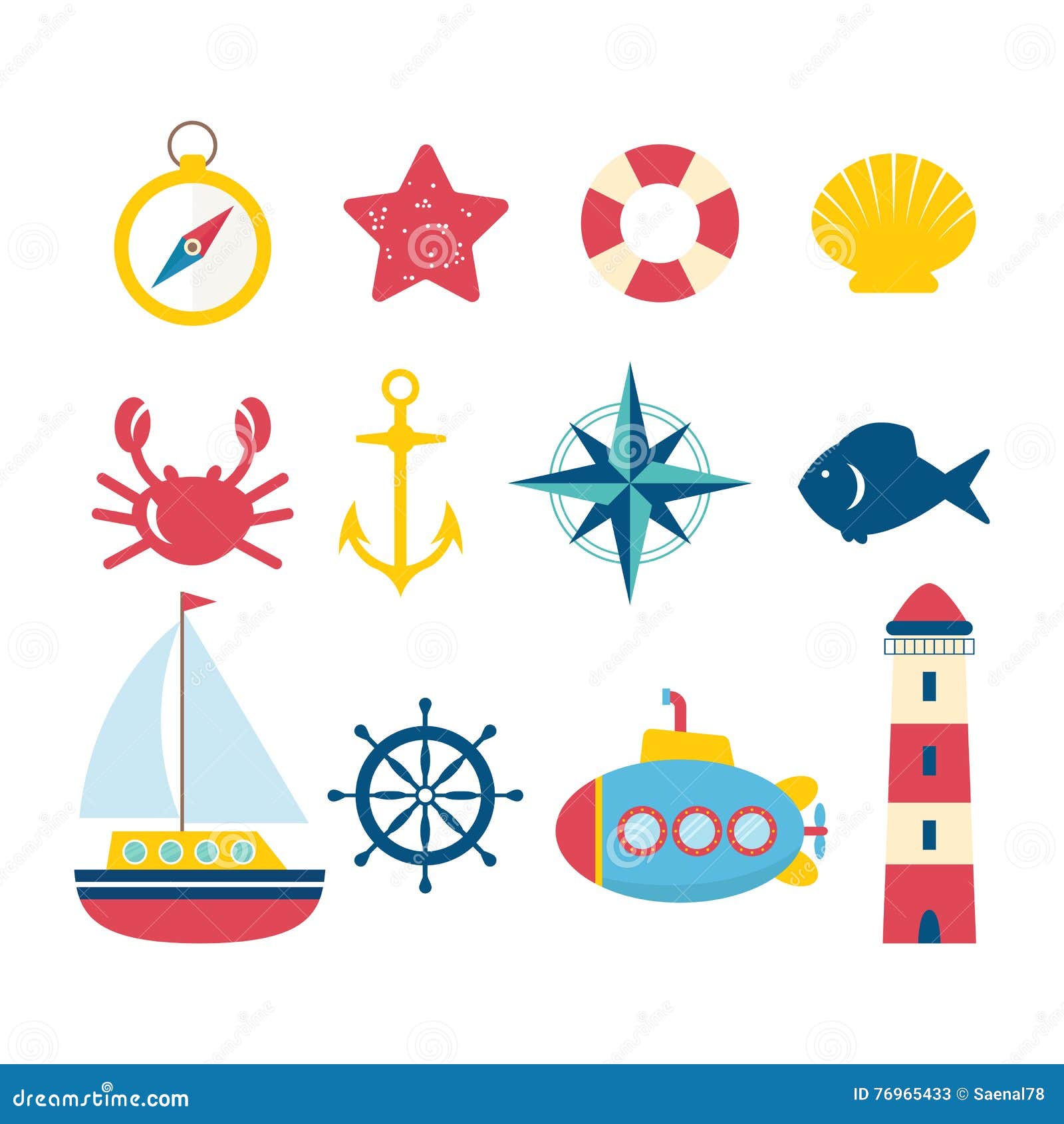 Nautical Design Elements in Flat Style. Stock Vector - Illustration of beach, compass: 76965433