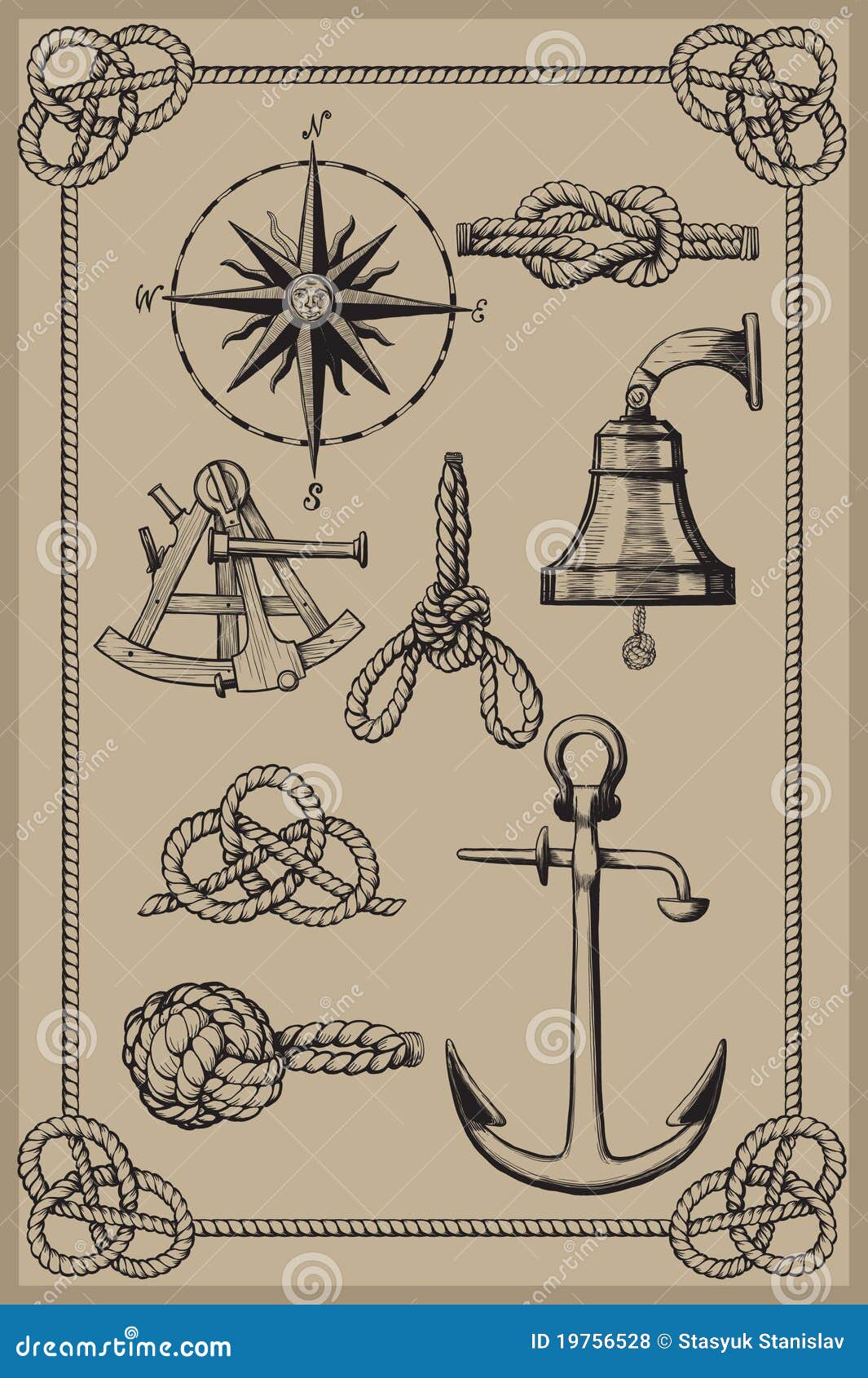 Nautical Elements Set With Sailor Sea Animals, Mermaid, Ship, Diving ...