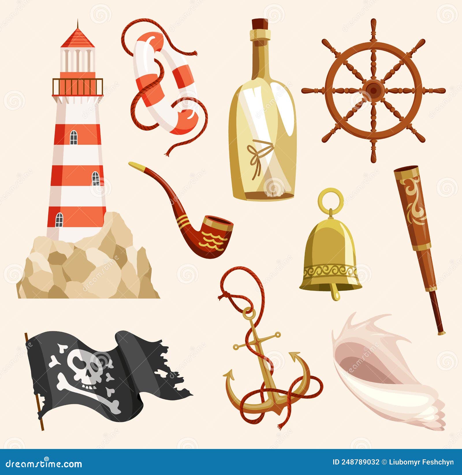 Nautical Elements Lighthouse and Captain Objects. Set of Sea Vintage ...