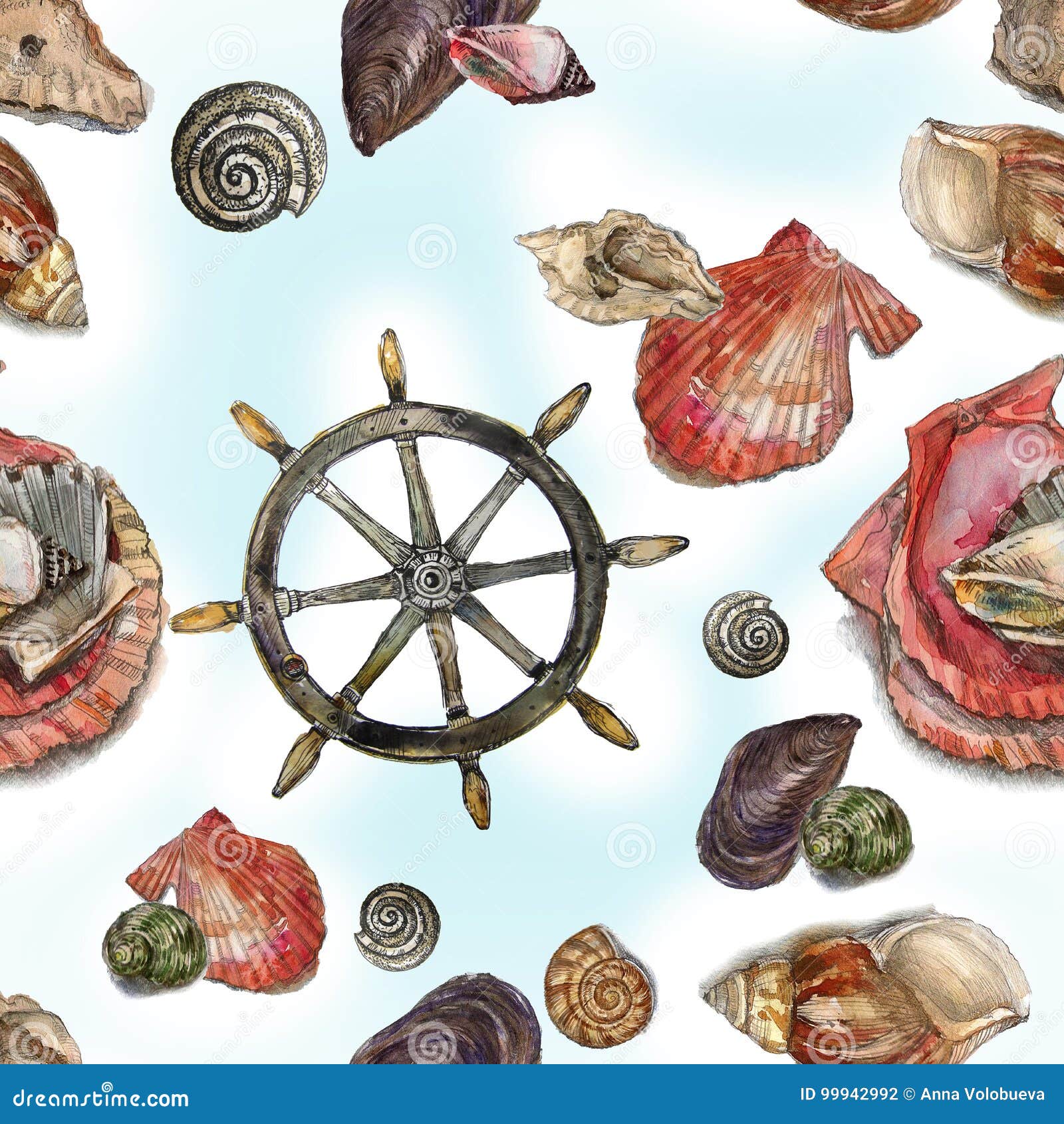 Nautical Elements. Watercolor Pattern on Blue Background Stock ...