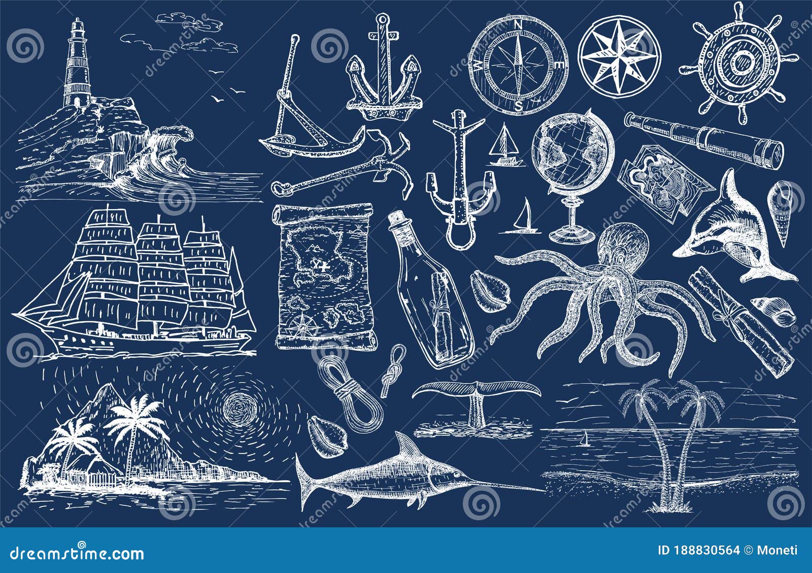 Nautical Hand Drawn Vector Set. Sailing Sketch. Vector Marine Objects ...