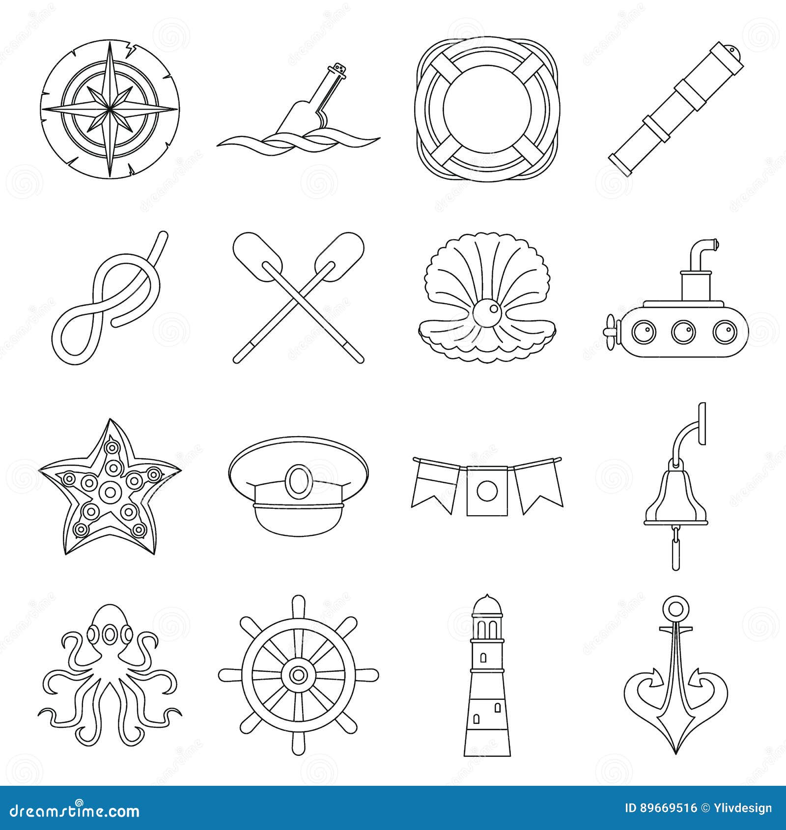 Nautical Icons Set, Outline Style Stock Vector - Illustration of marine ...