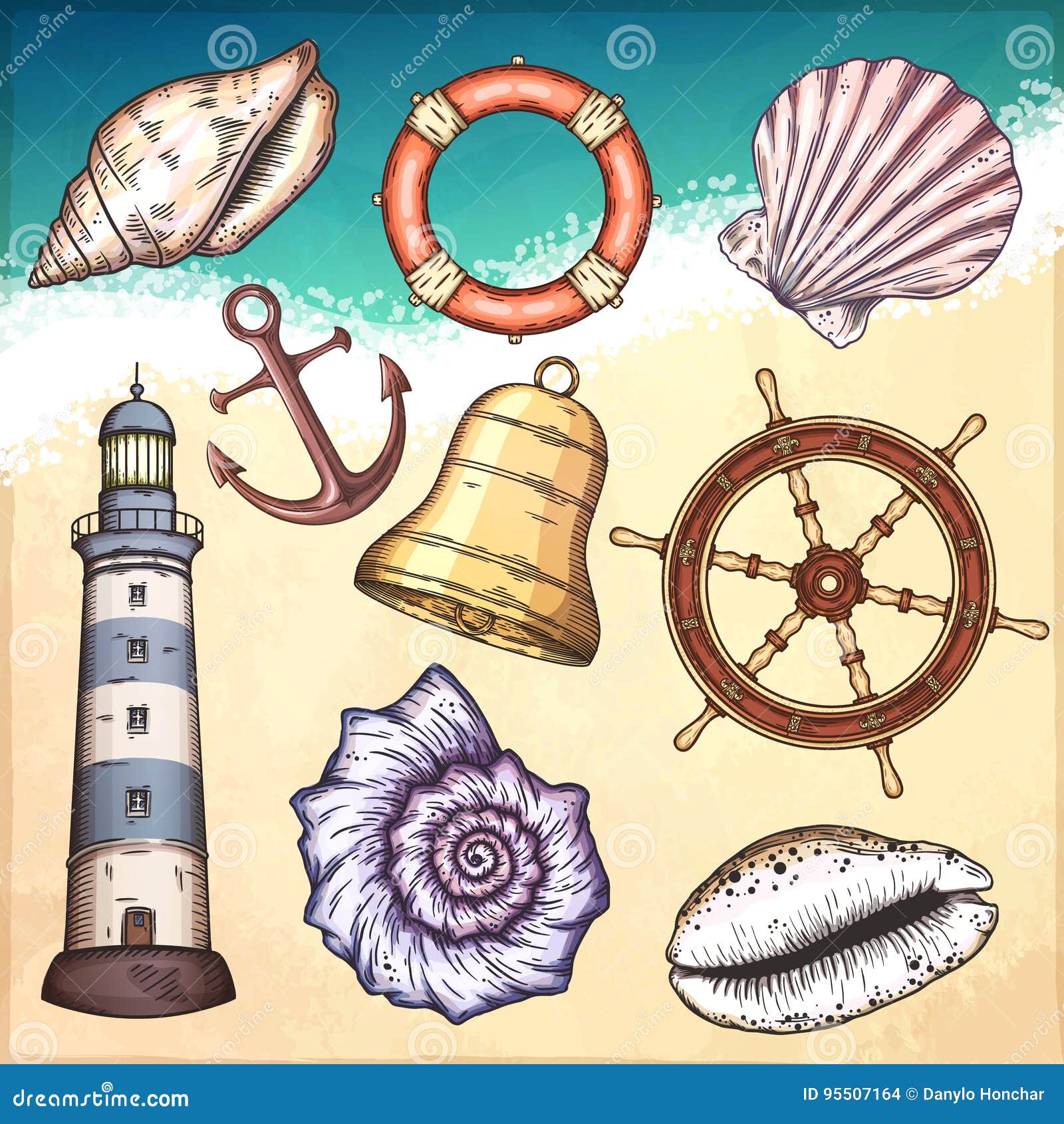 Nautical Illustrations Set. Stock Vector - Illustration of bell, oyster ...