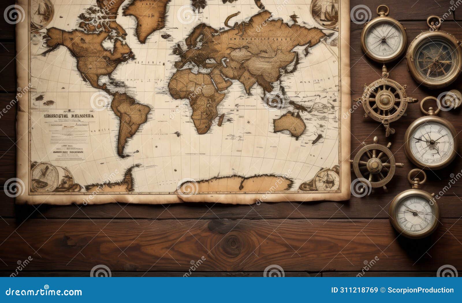 Nautical Instruments and Ancient Map Stock Image - Image of compass ...