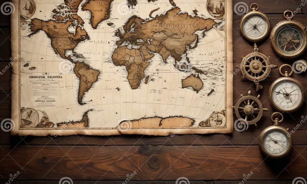 Nautical Instruments and Ancient Map Stock Image - Image of compass ...