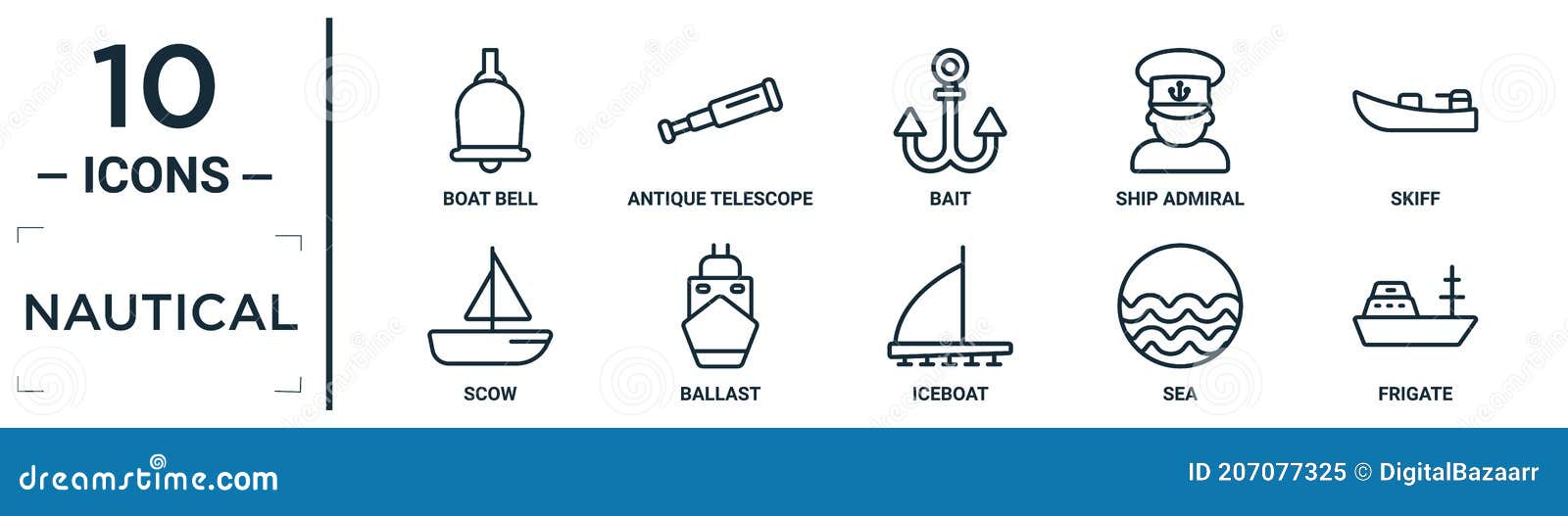 Nautical Linear Icon Set. Includes Thin Line Boat Bell, Bait, Skiff ... Nautical Linear Icon Set. Includes Thin Line Boat Bell, Bait, Skiff ...