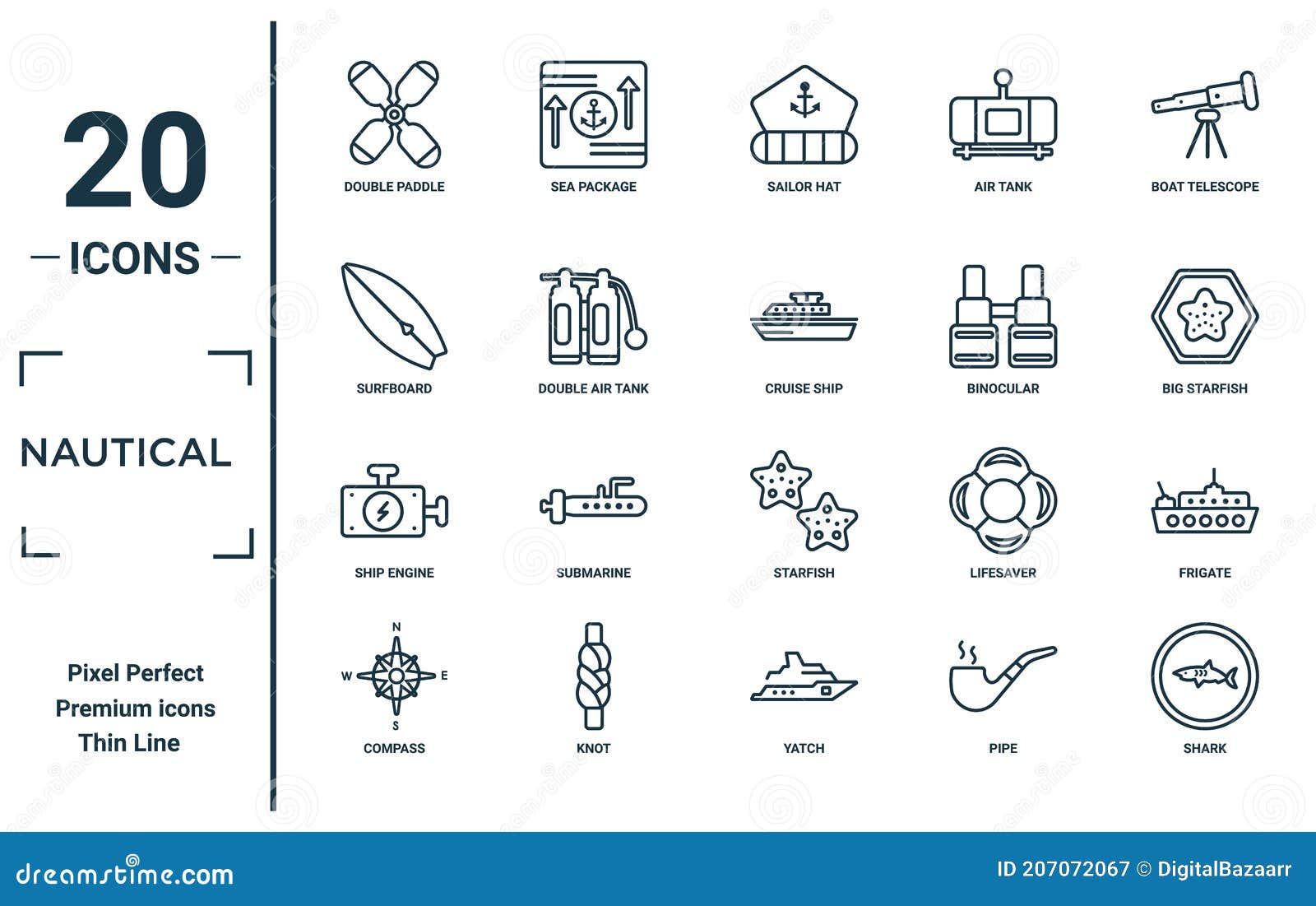 Nautical Linear Icon Set. Includes Thin Line Double Paddle, Surfboard ... Nautical Linear Icon Set. Includes Thin Line Double Paddle, Surfboard ...