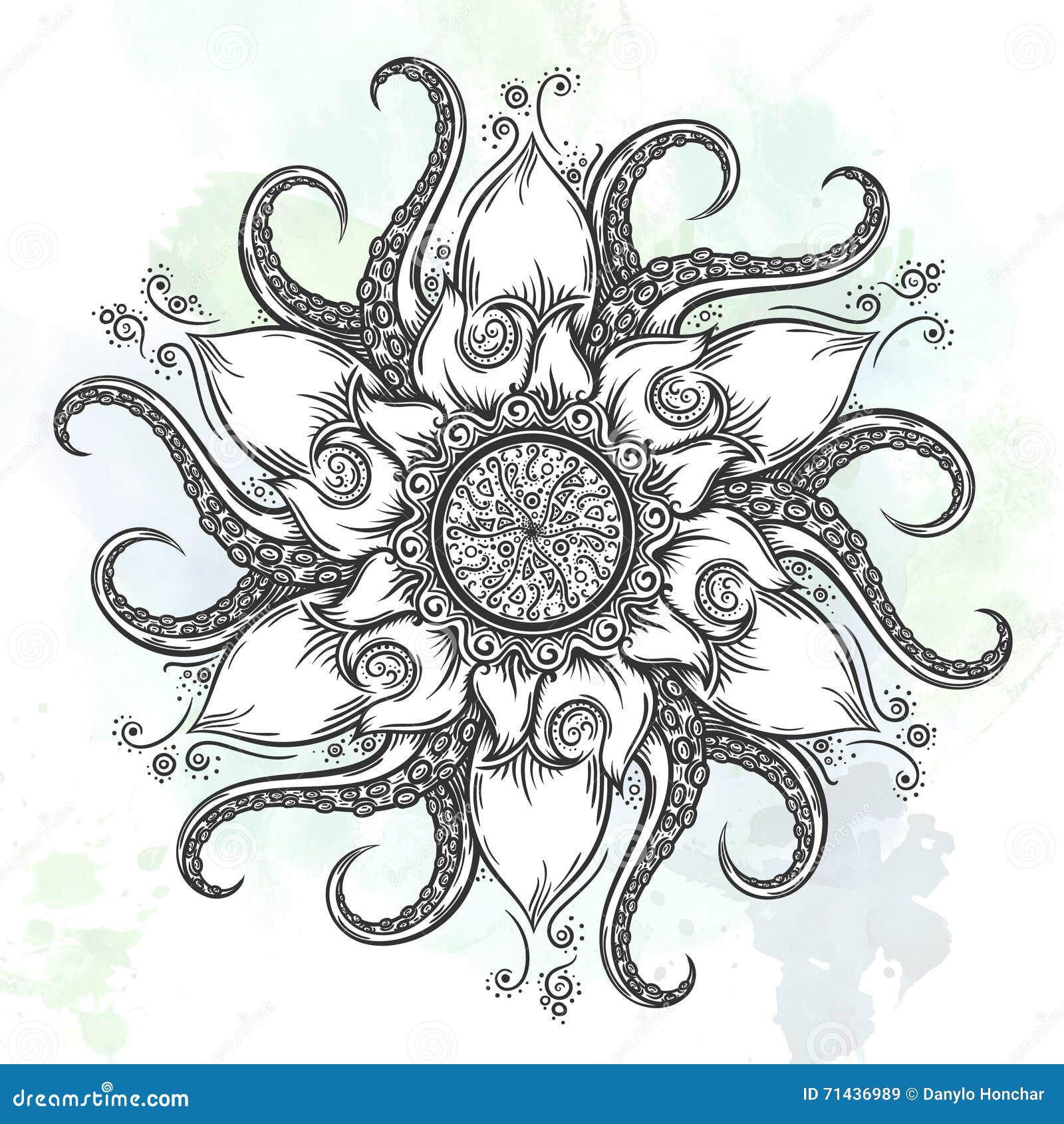 Nautical Mandala With Octopus Tentacles And Floral Elements. Vector ...