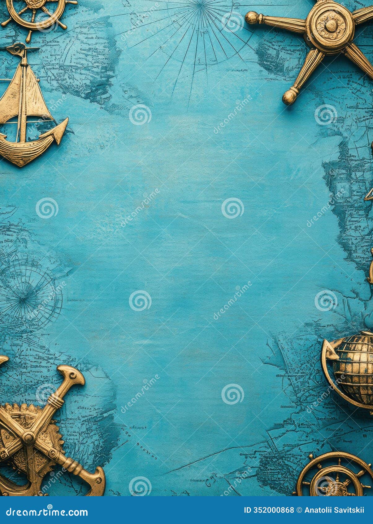 Nautical Map Background with Anchors and Compass Decorative Elements on ...
