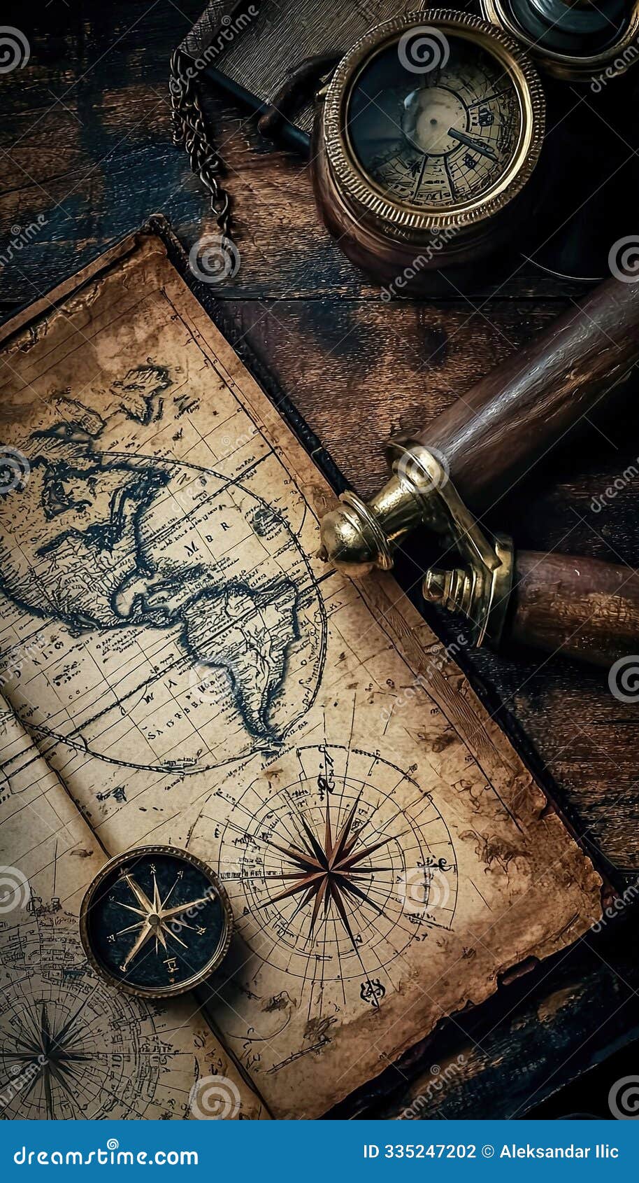 Nautical Map, Compas, Book on the Vintage Desk. Ai Generative Stock Photo - Image of compass ...