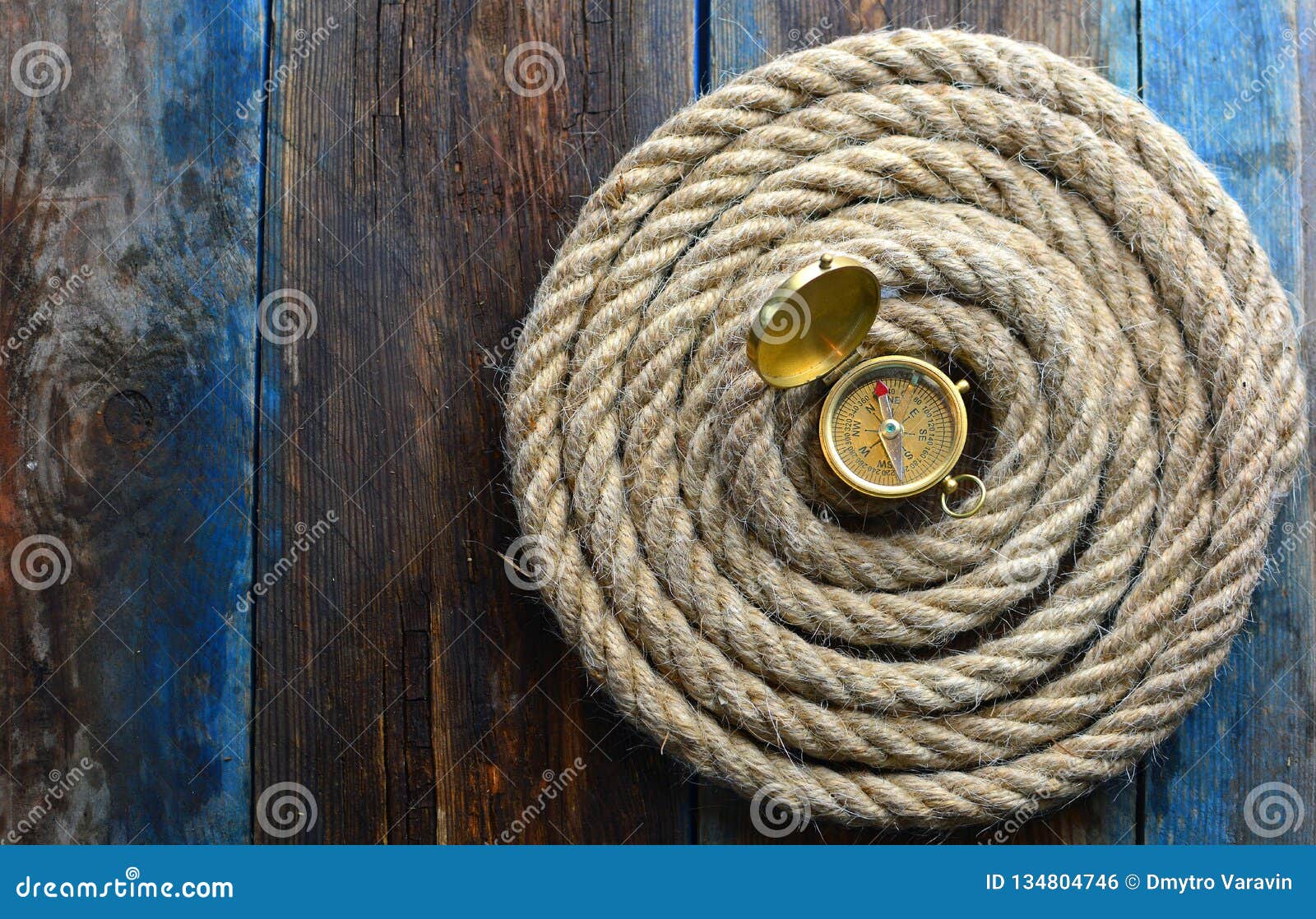 Nautical Background. Old Deck with Rope and Compass. Stock Photo ...
