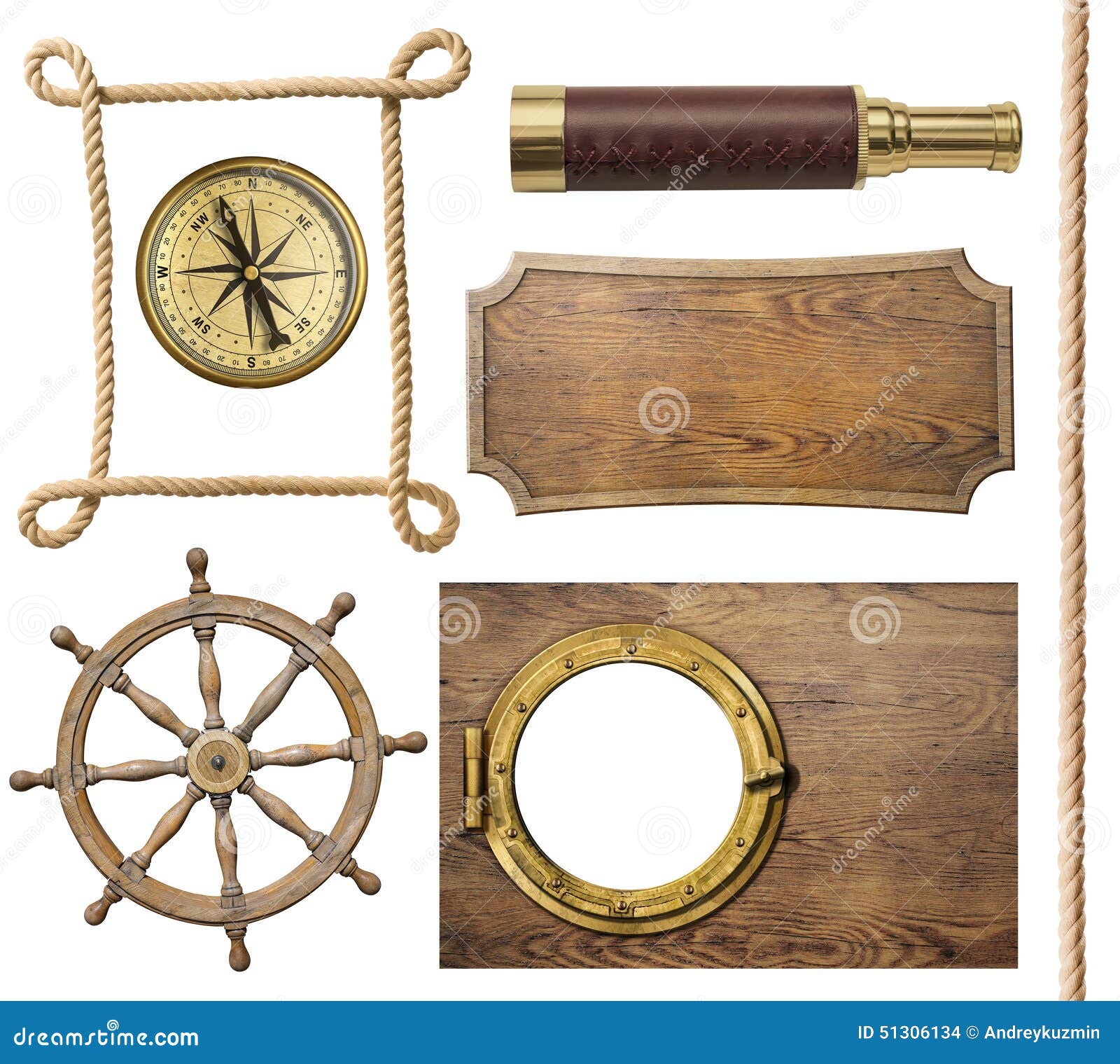 Nautical Objects Rope, Compass, Steering Wheel Stock Photo - Image of ...