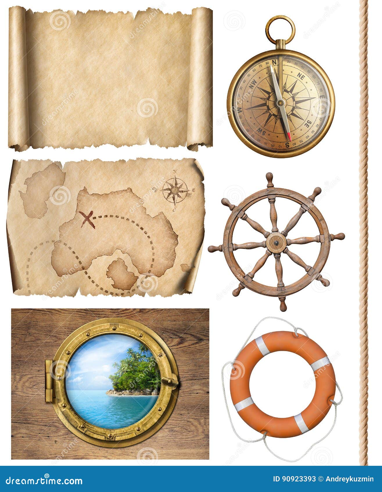 Nautical Objects Rope, Maps, Compass, Steering Wheel and Porthole 3d ...