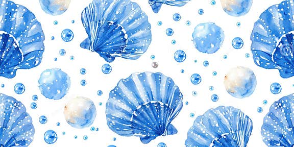 Nautical Pattern Featuring Blue Seashells and Bubbles on a White ...