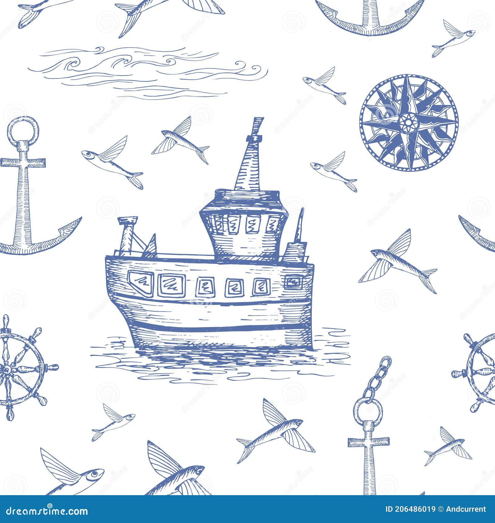 Nautical Pattern. Hand Drawn Realistic Outline Vector Illustration ...