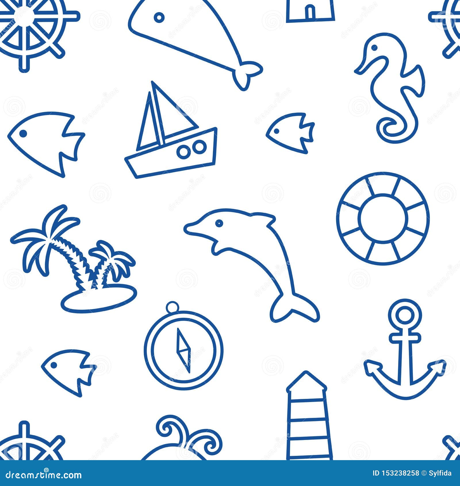 Nautical Seamless Pattern, Marine Theme, Blue Line Art. Vector ...