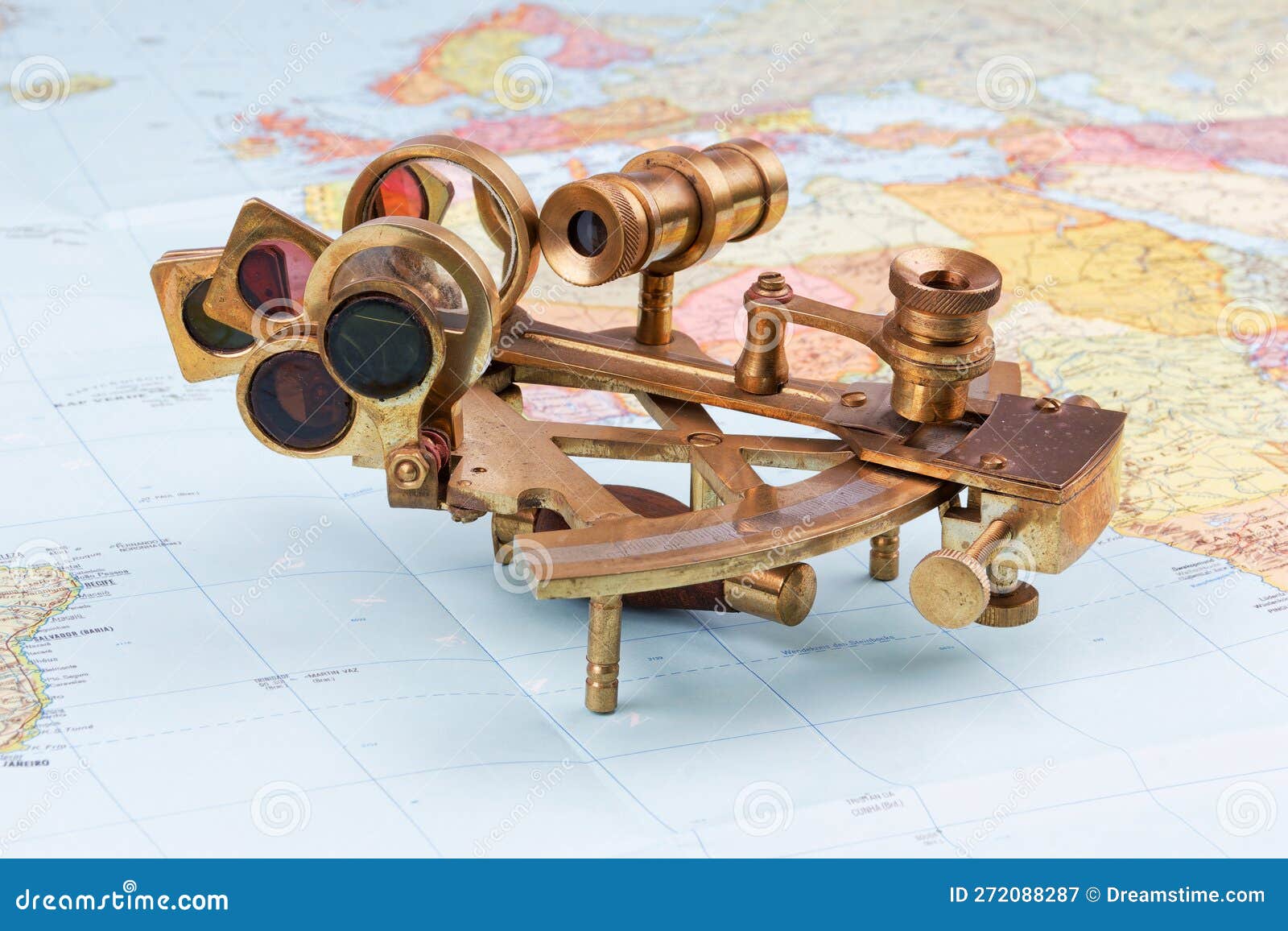 Nautical Sextant with Optics, Compass and Ruler Lying on Paper World ...