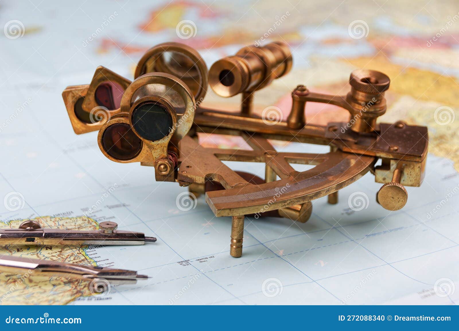 Nautical Sextant with Optics, Compass and Ruler Lying on Paper World ...